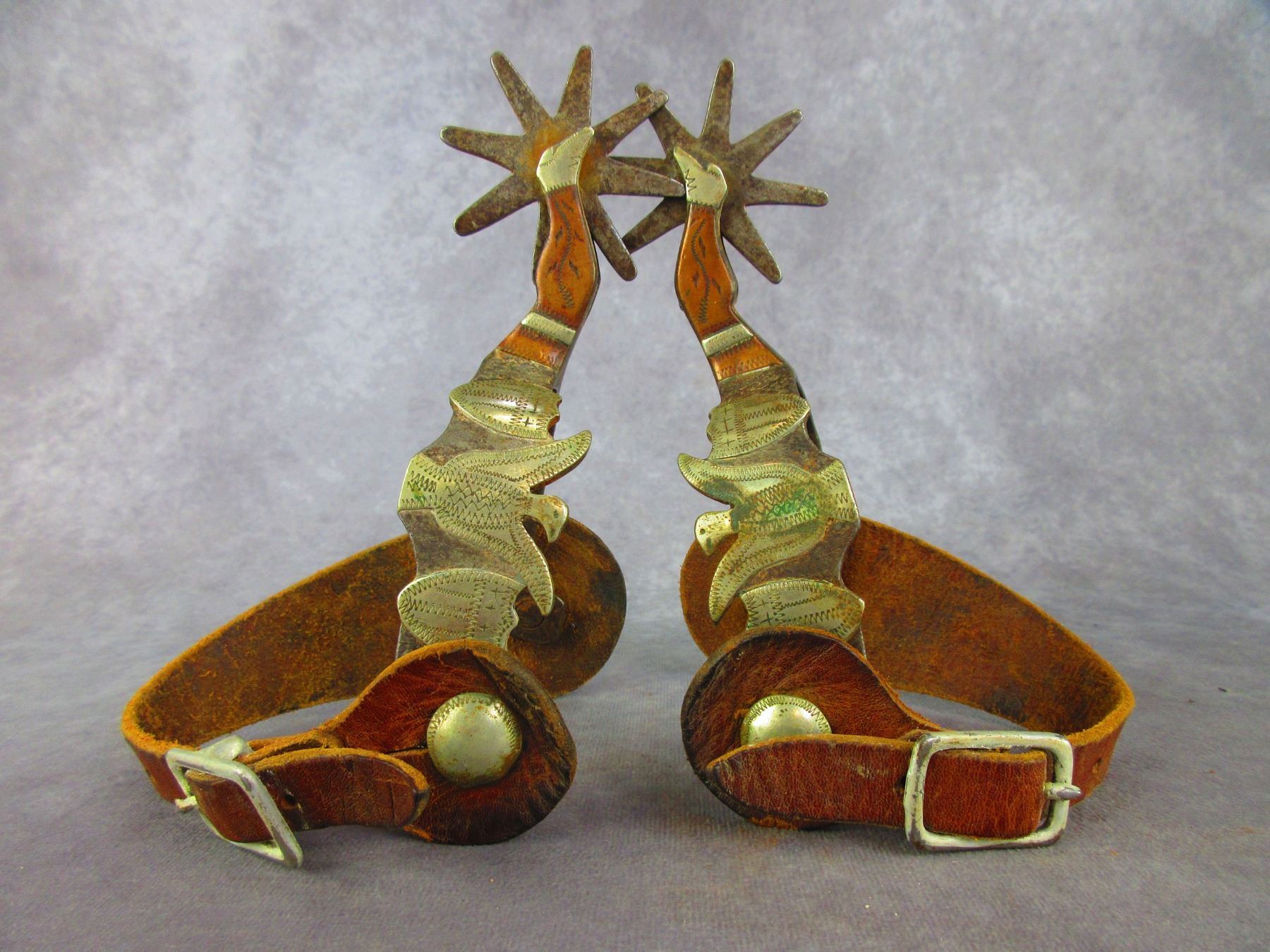 Marked Hall Silver And Brass Eagle Lady Legs Spurs- 1.5" Bands- 2.25 ...
