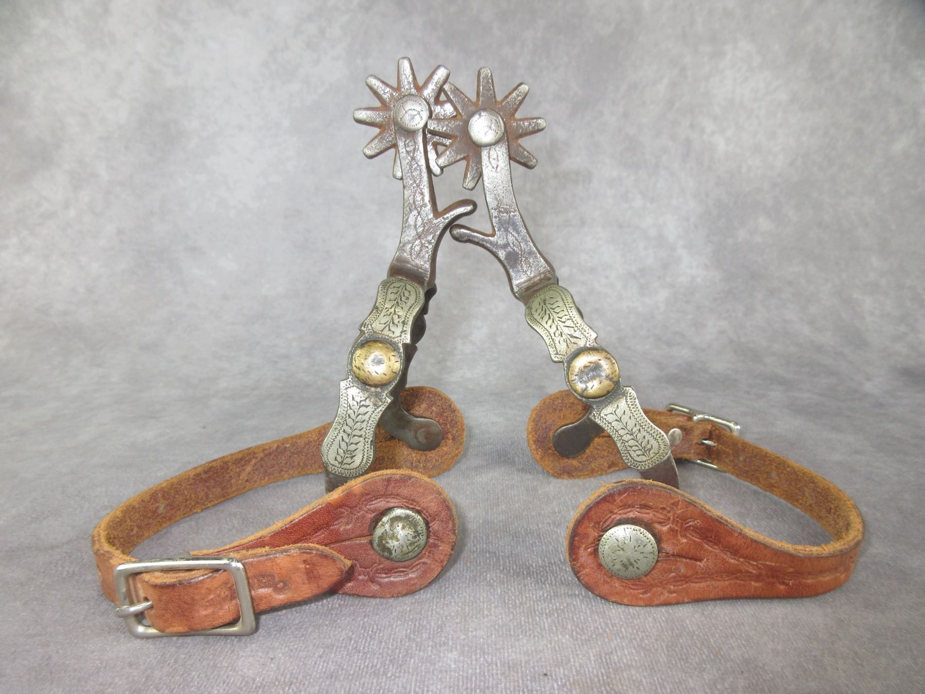 Marked CP Shipley Kan City MO Double Mounted Silver Overlaid Spurs- .6 ...