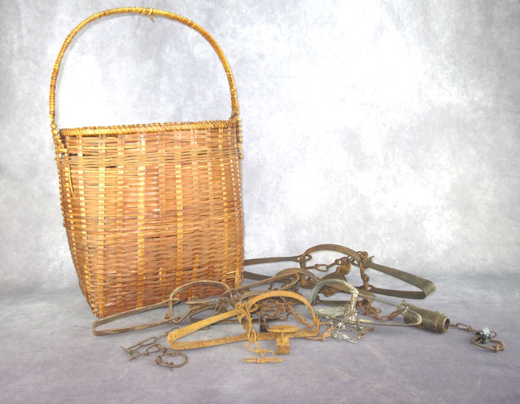 Old Woven Trap Basket With 6 Victor Traps- 13"H X 13.5"H X 11"