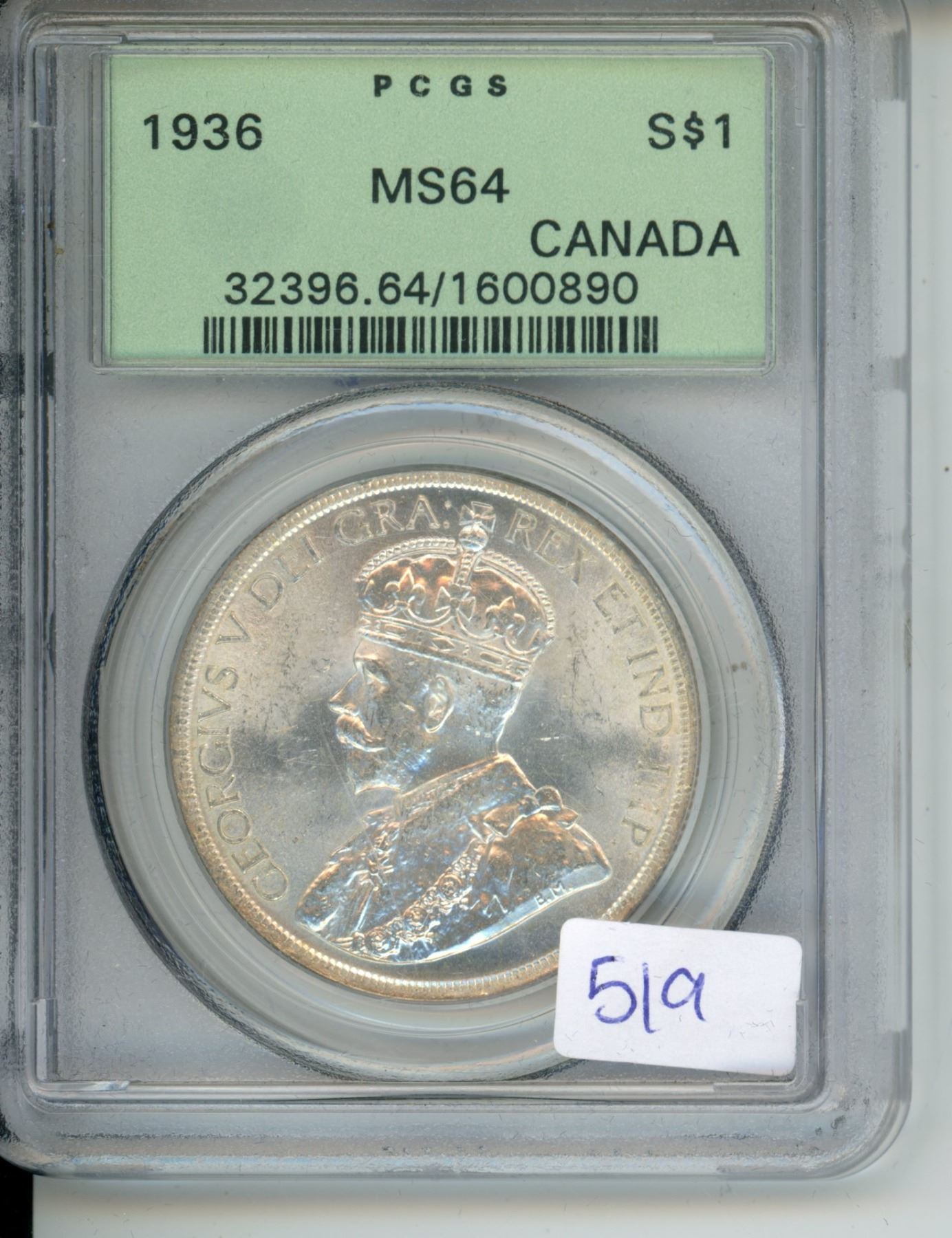 1936 Canadian PCGS Graded Silver 1 Dollar Coin - MS-64 - Schmalz Auctions