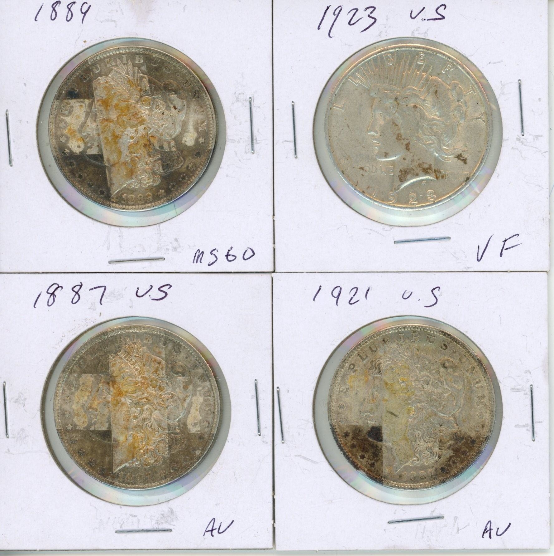 4 USA dollar coins - 1887, 1889, 1921, 1923