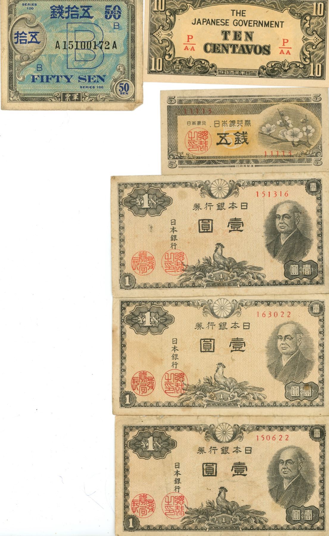 Fifty sen, ten centauos, 5 sen, lyenx3 - Schmalz Auctions