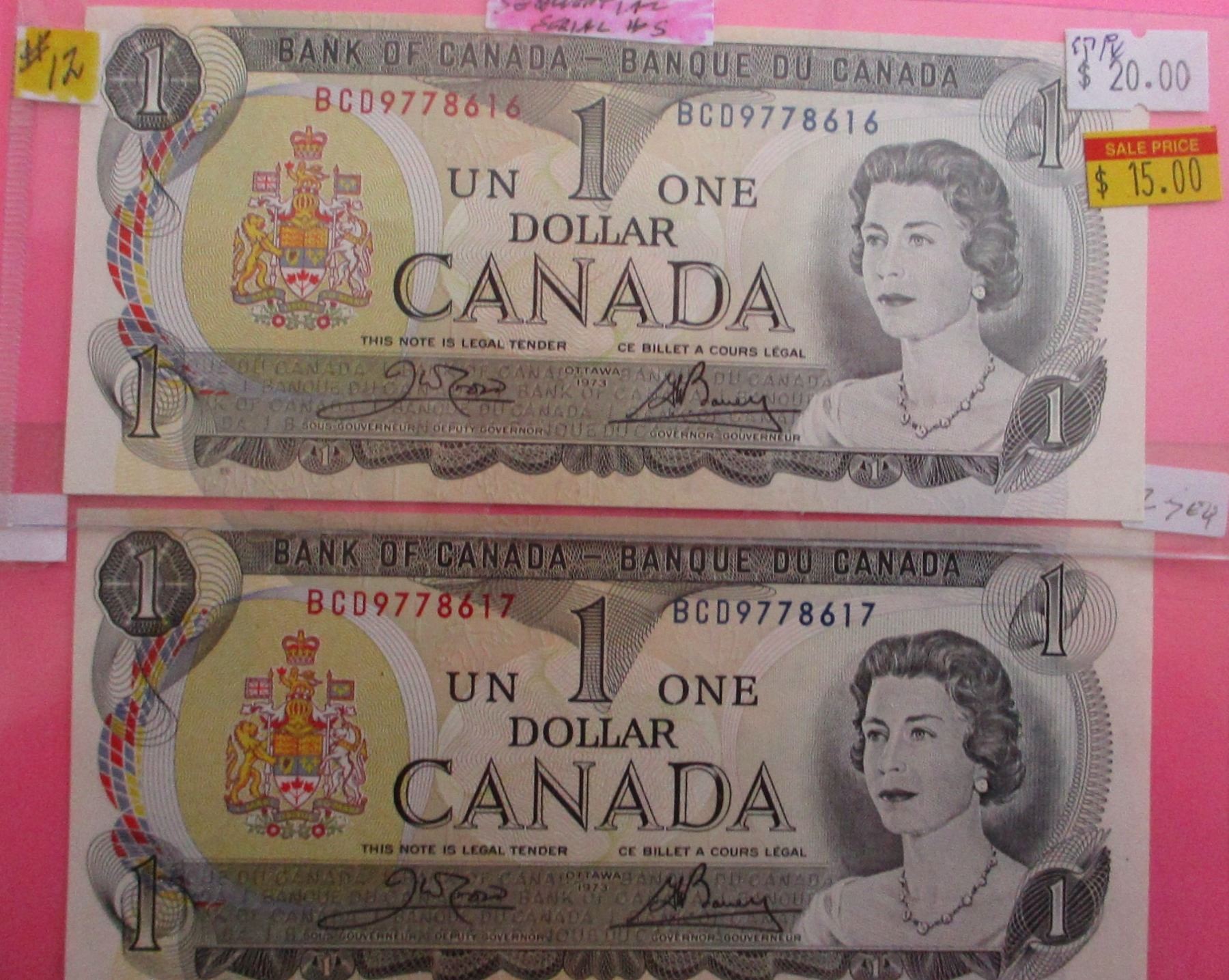 1973 SET OF CANADA DOLLAR BILLS (SEQUENTIAL SERIAL NUMBERS)