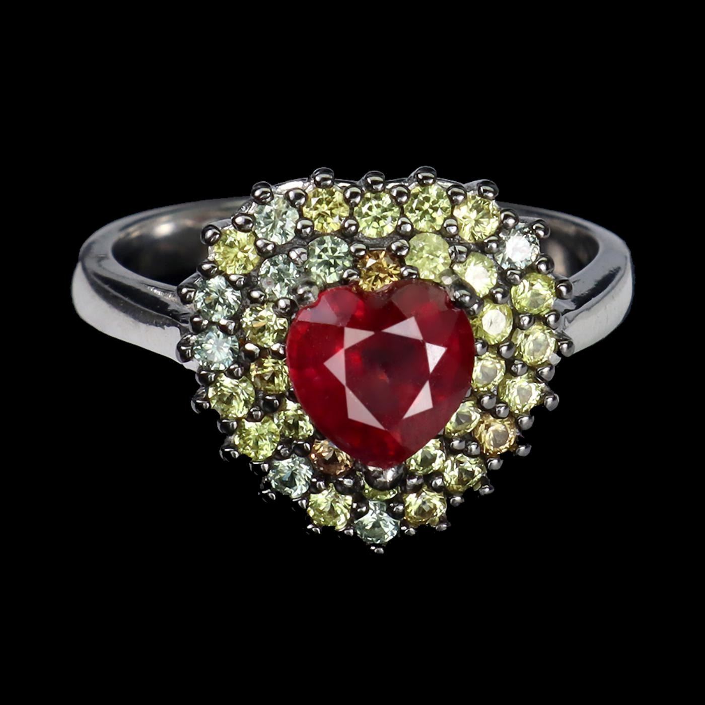 Natural Pigeon Blood Red Ruby & Sapphire Heart Ring
