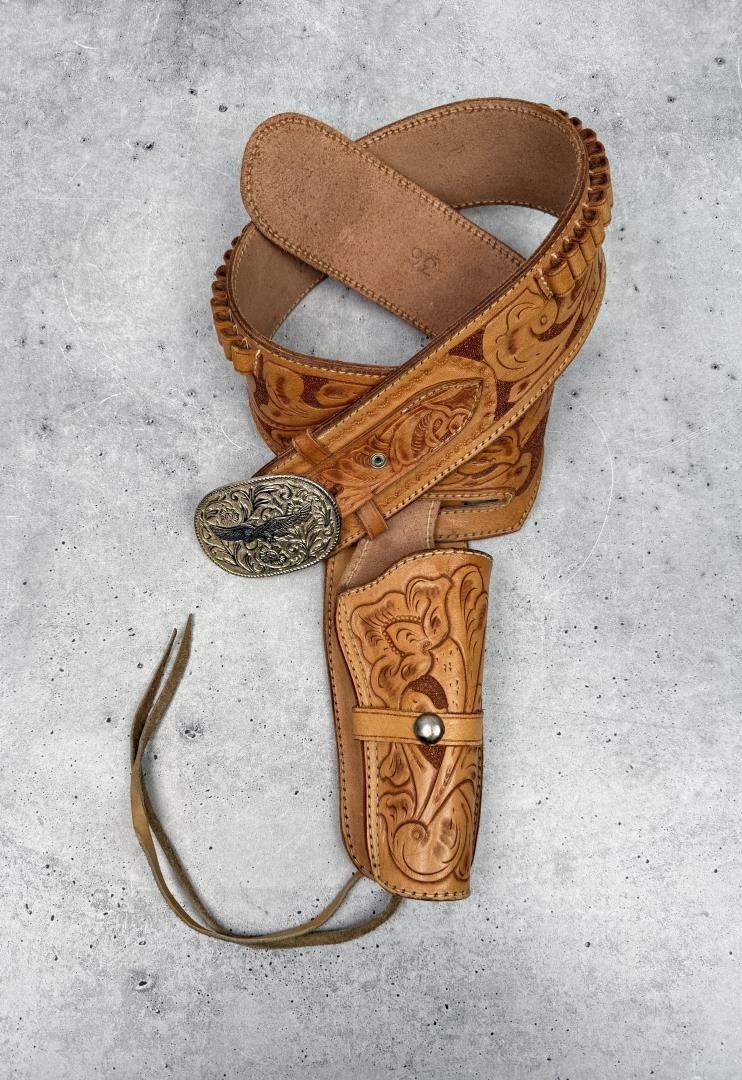 Cowboy Tooled Leather Holster Gun Belt Pistol Rig