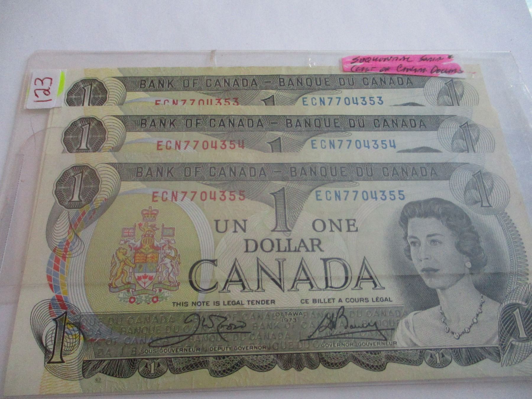 1973 SET OF CANADA SEQUENTIAL SERIAL NUMBER LAST OF CANADA $1 BILLS