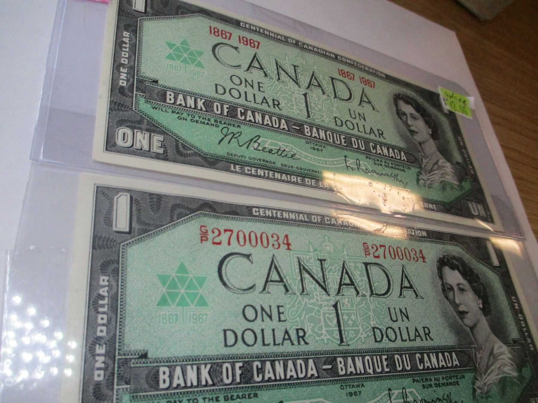 1967 CANADA SET CENTENNIAL (NO SERIAL NUMBER & SERIAL NUMBER) $1 BILLS