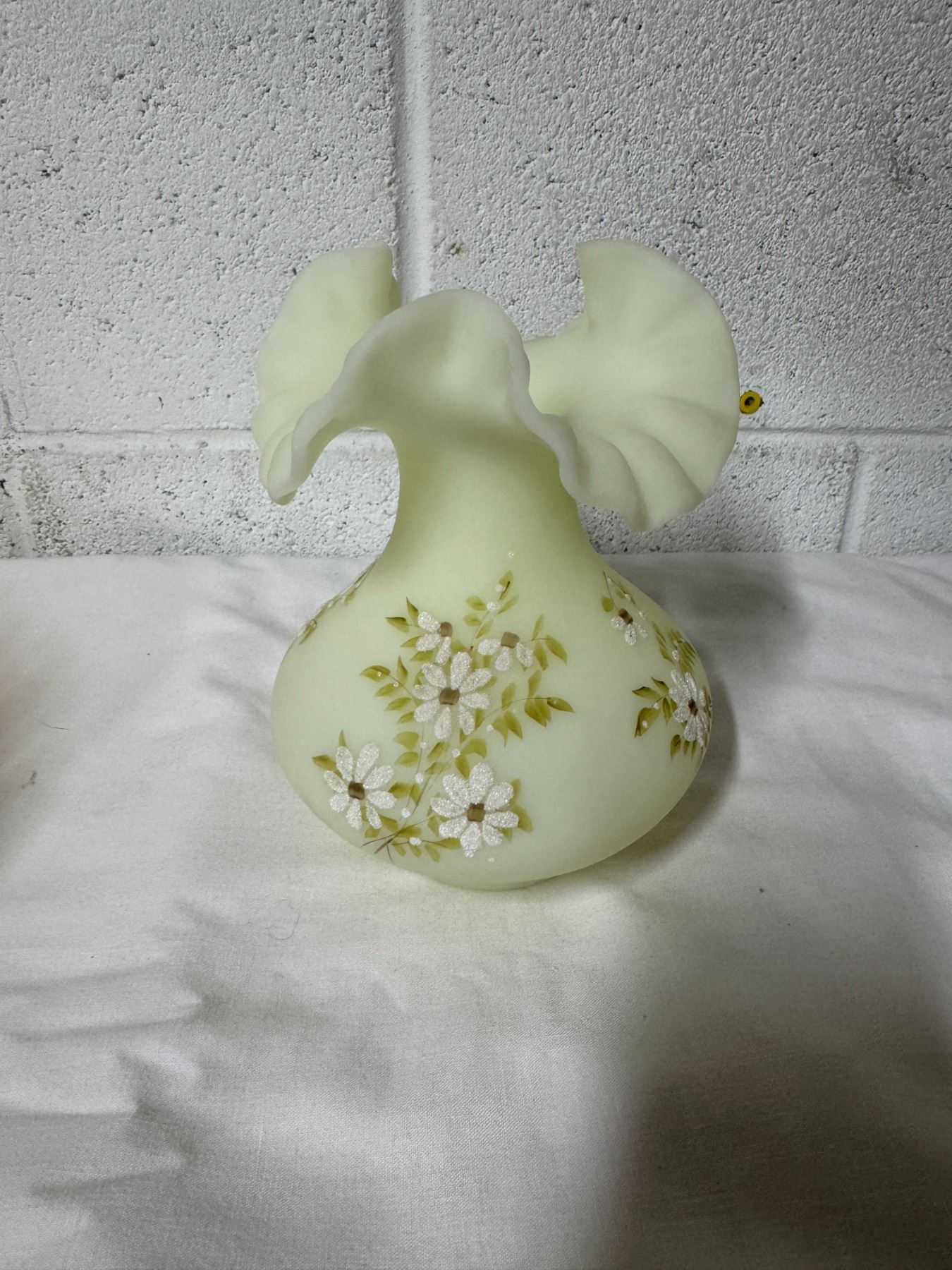 Fenton glass 7 inch opalescent vase handpainted stamped artist E. Thomas.