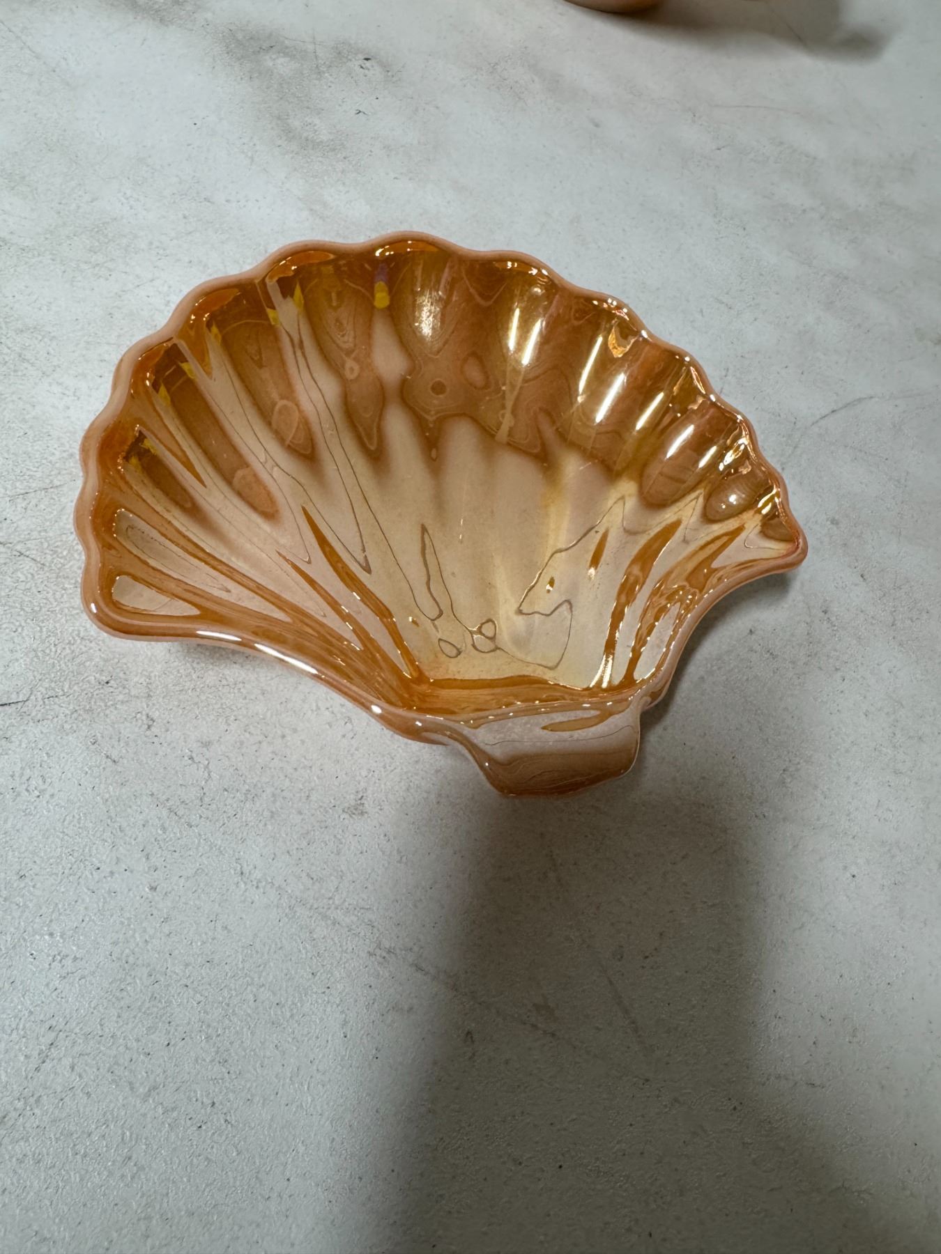 vintage Fire King peach lusterware clamshell candy dish