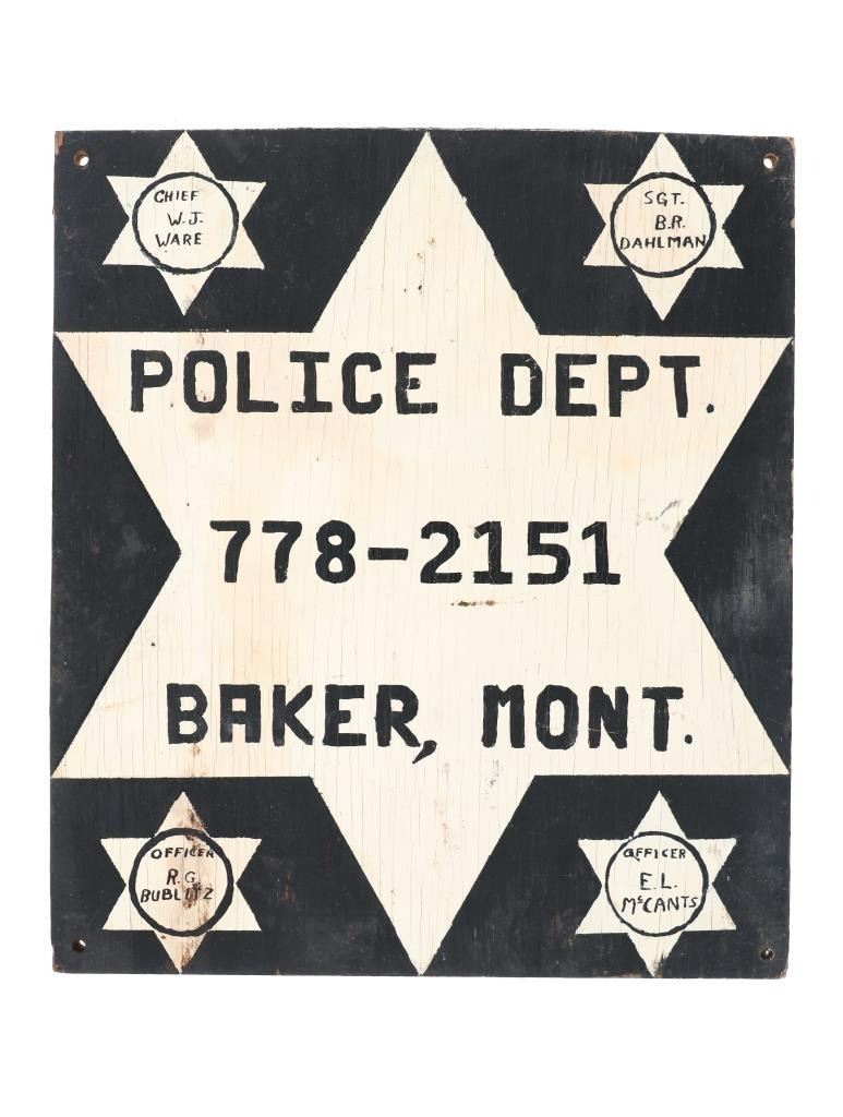 Baker, Montana Police Dept. Wood Sign 1960-1980s