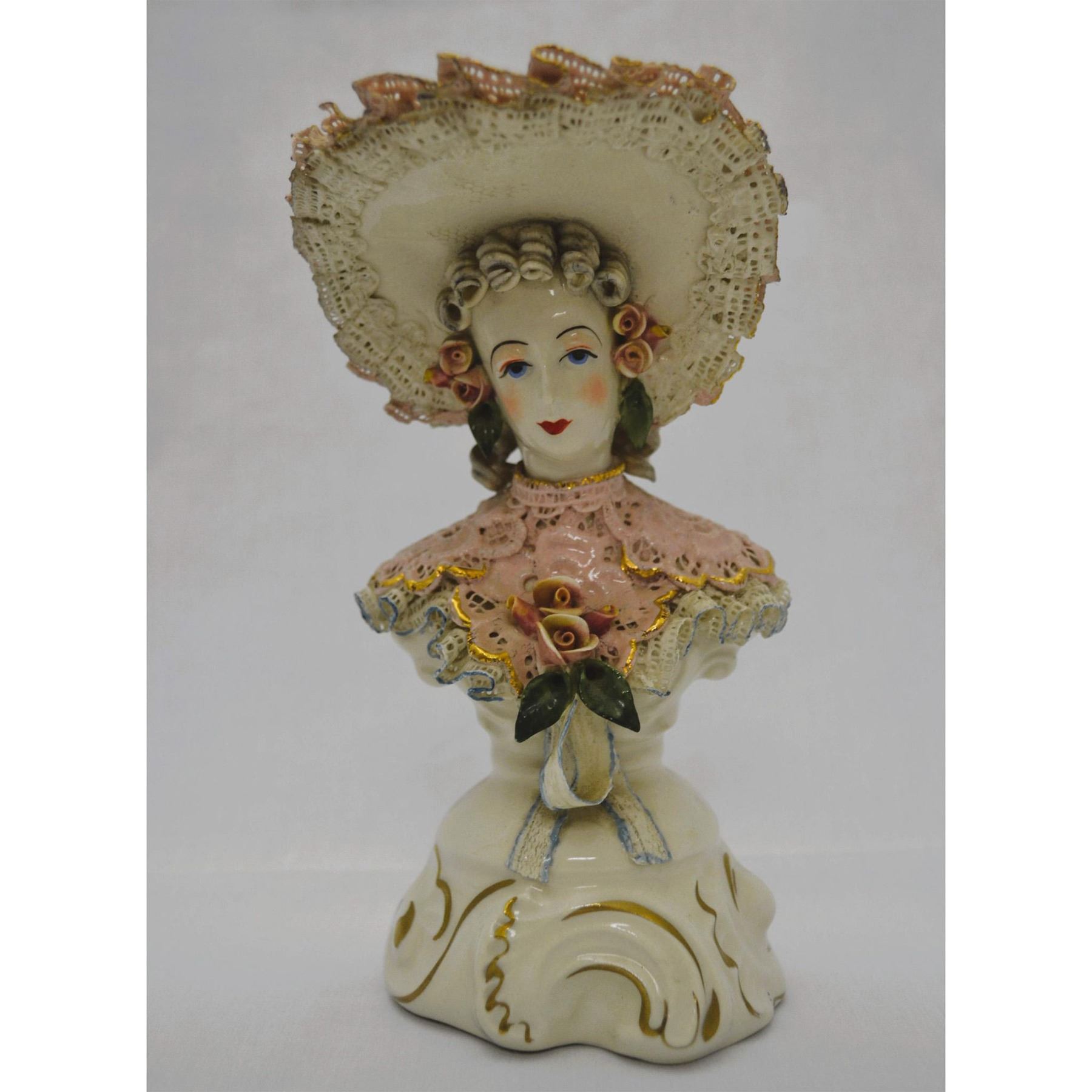 Cordey Porcelain Lady W/Lace Hat Head Bust Sculpture, 1940