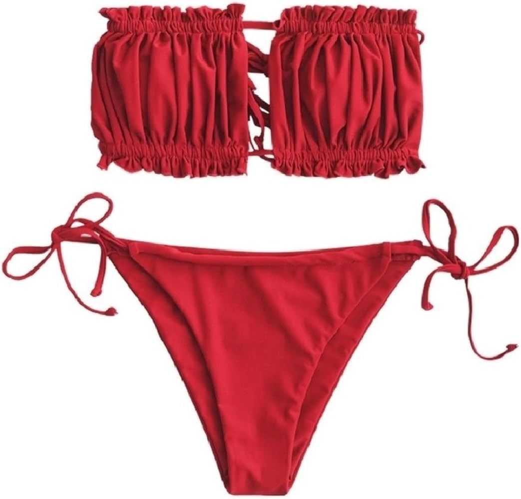 Zaful Women 2 Piece Strapless Bikini Swimsuits Ruffle Ribbed Bandeau ...