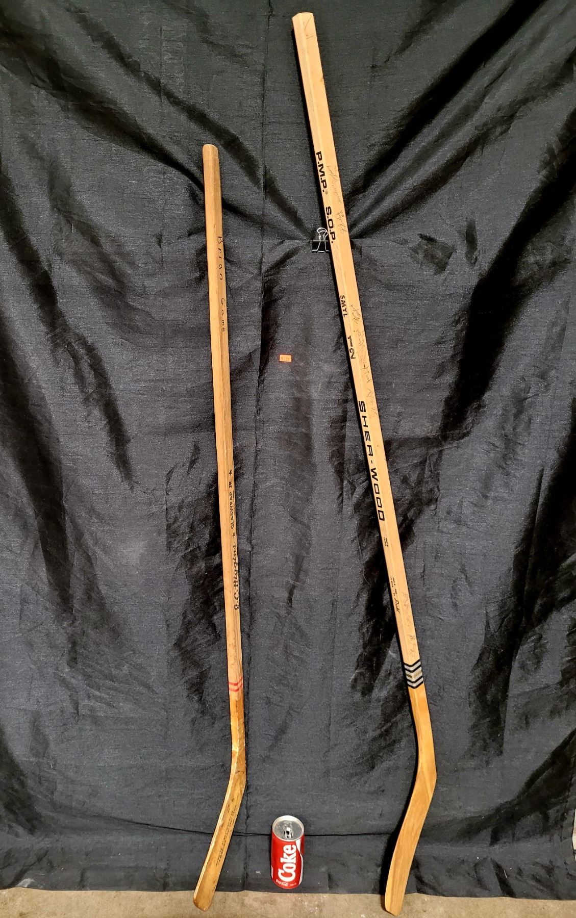 2 VTG Wooden Signed Hockey Sticks 1 signed by the late 80s Vancouver ...