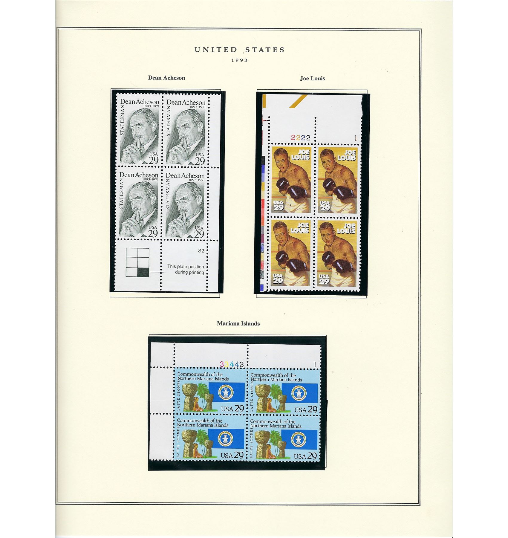1993 US stamp collector sheet featuring Dean Acheson and Joe Louis stamps