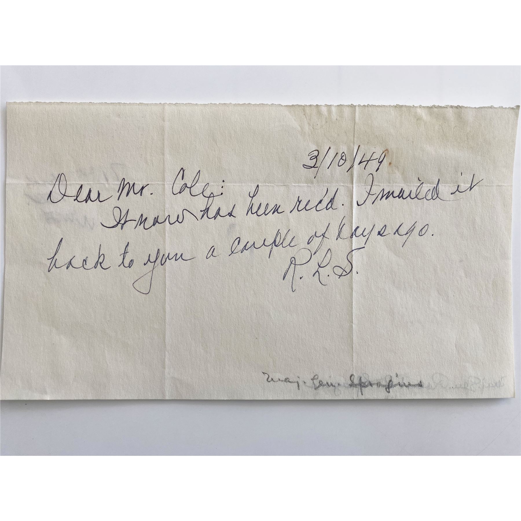 WWII Major General Robert R. Spragins Signed Hand Written Note