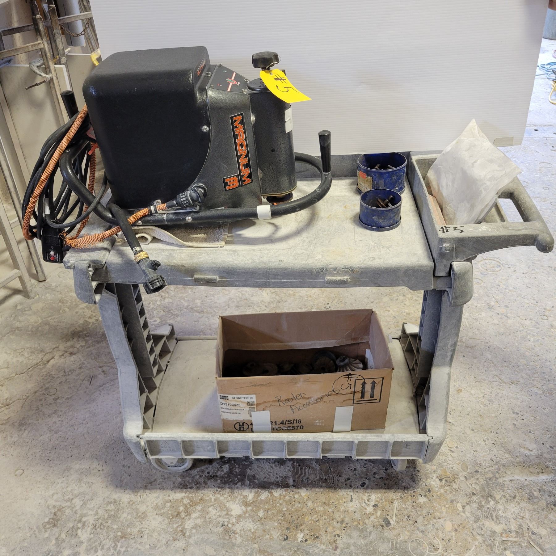 Magnum stone router c/w box of diamond edge profiles, cart & barring/bolts