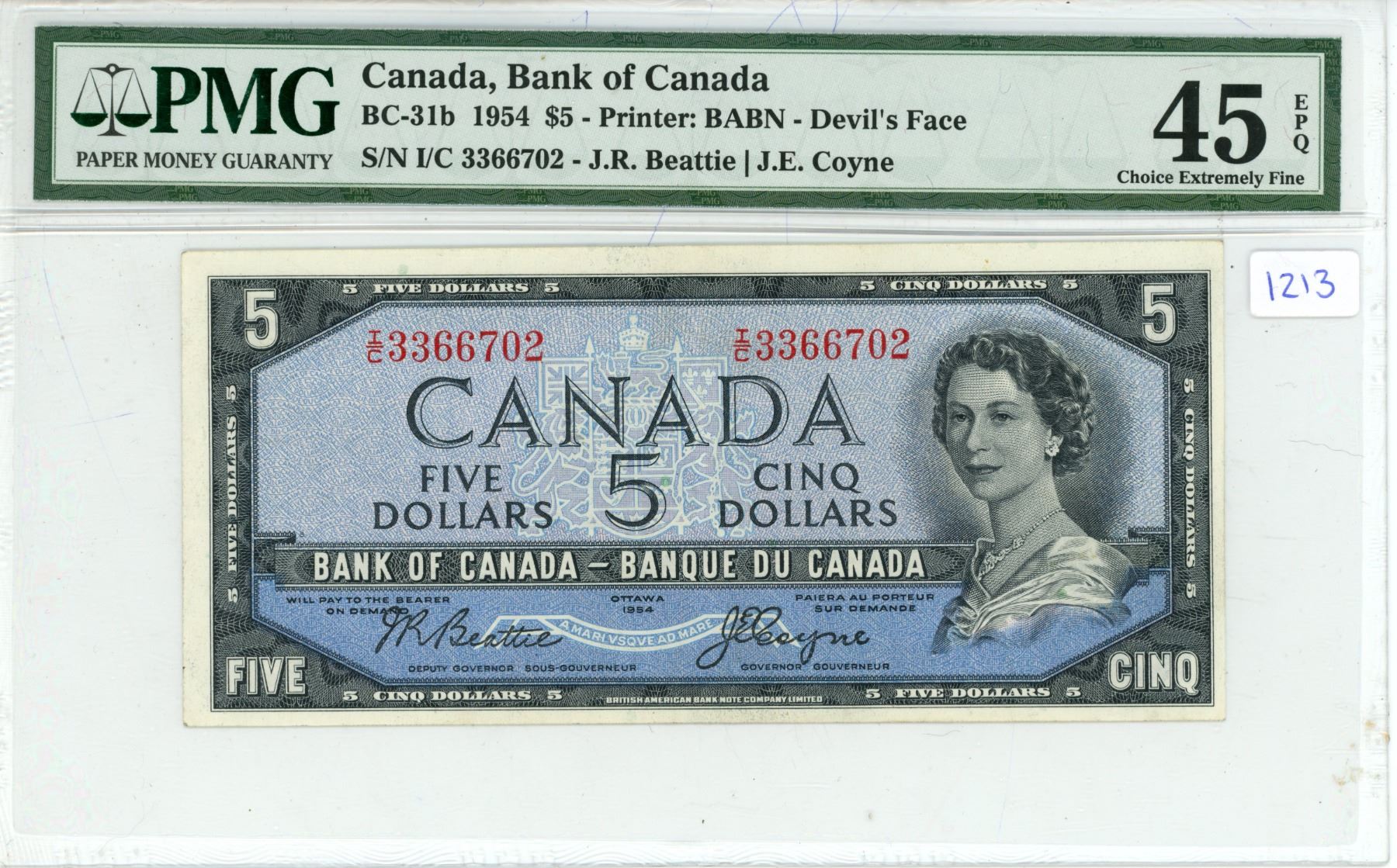 1954 Canadian $5 Bill - PMG Graded, Devil's Face, BABN, Choice EF45 - Schmalz Auctions