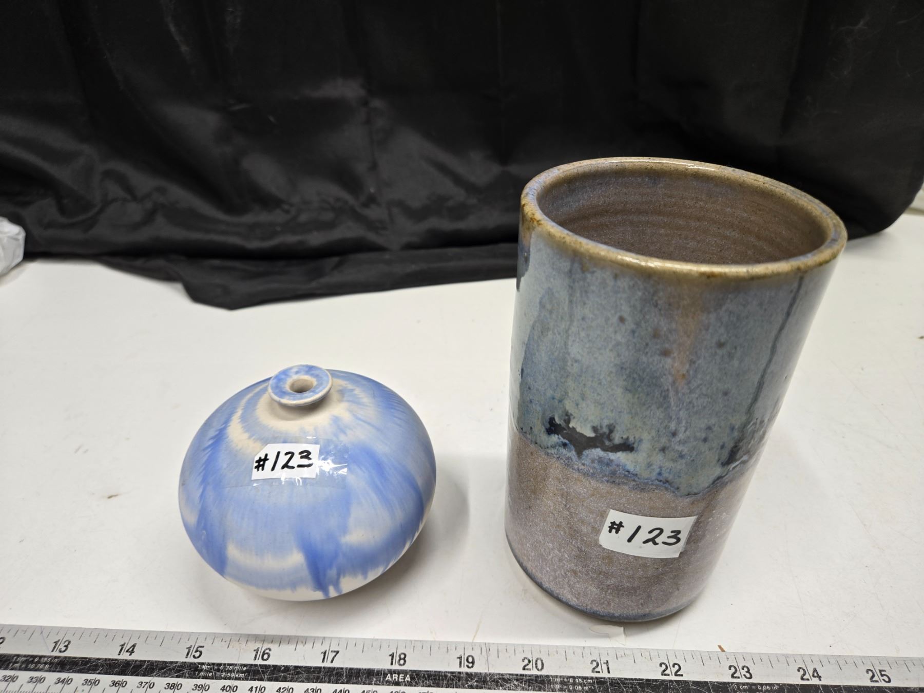 Pottery vase. Handmade, dated 1988/blue bud vase, marked Lund (Sweden ...