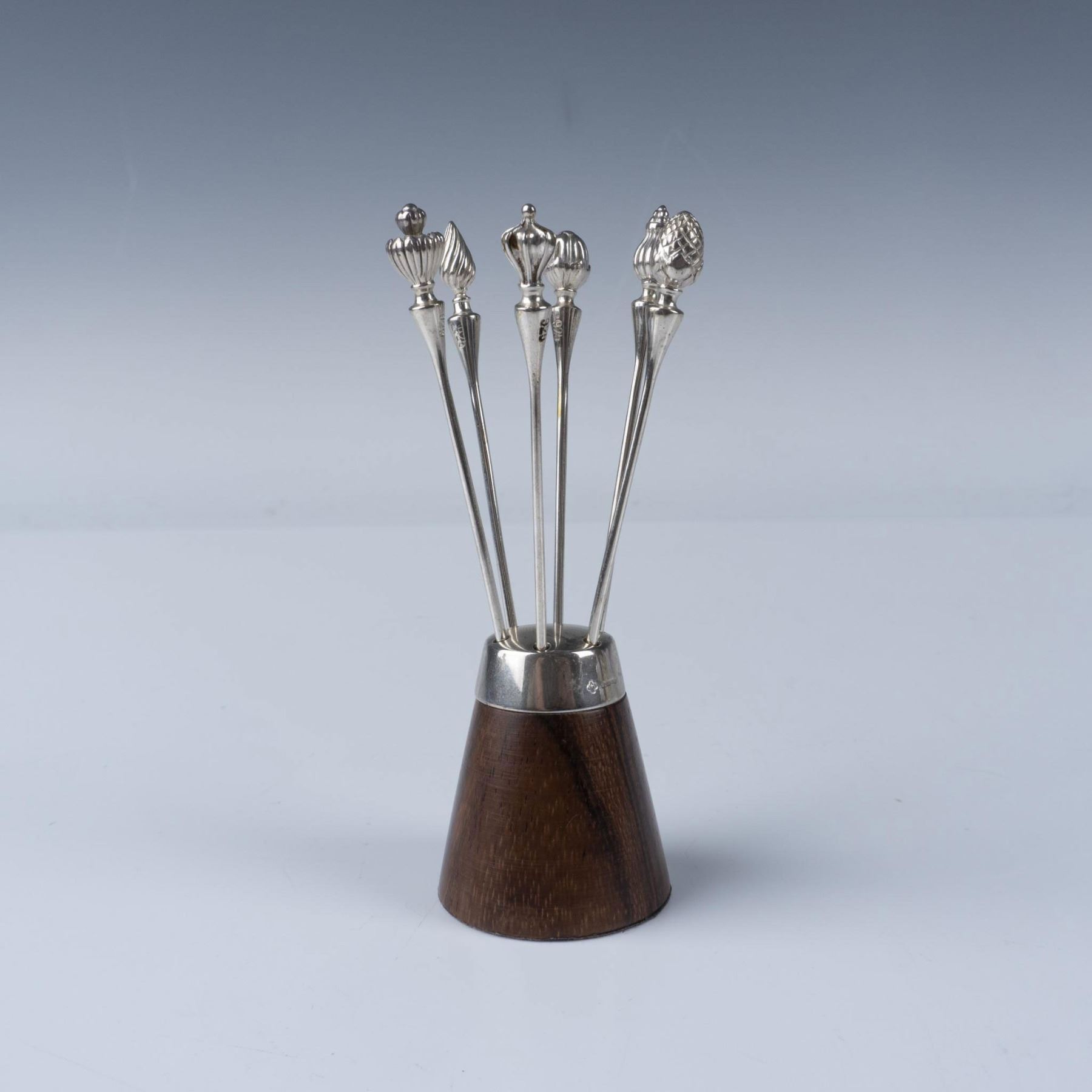 English Sterling Silver Picks with Wooden Holder