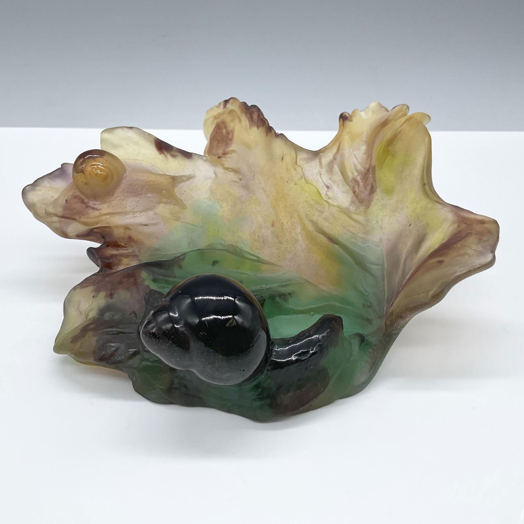 Daum Pate de Verre Art Glass Tray, Snails on Maple Leaf