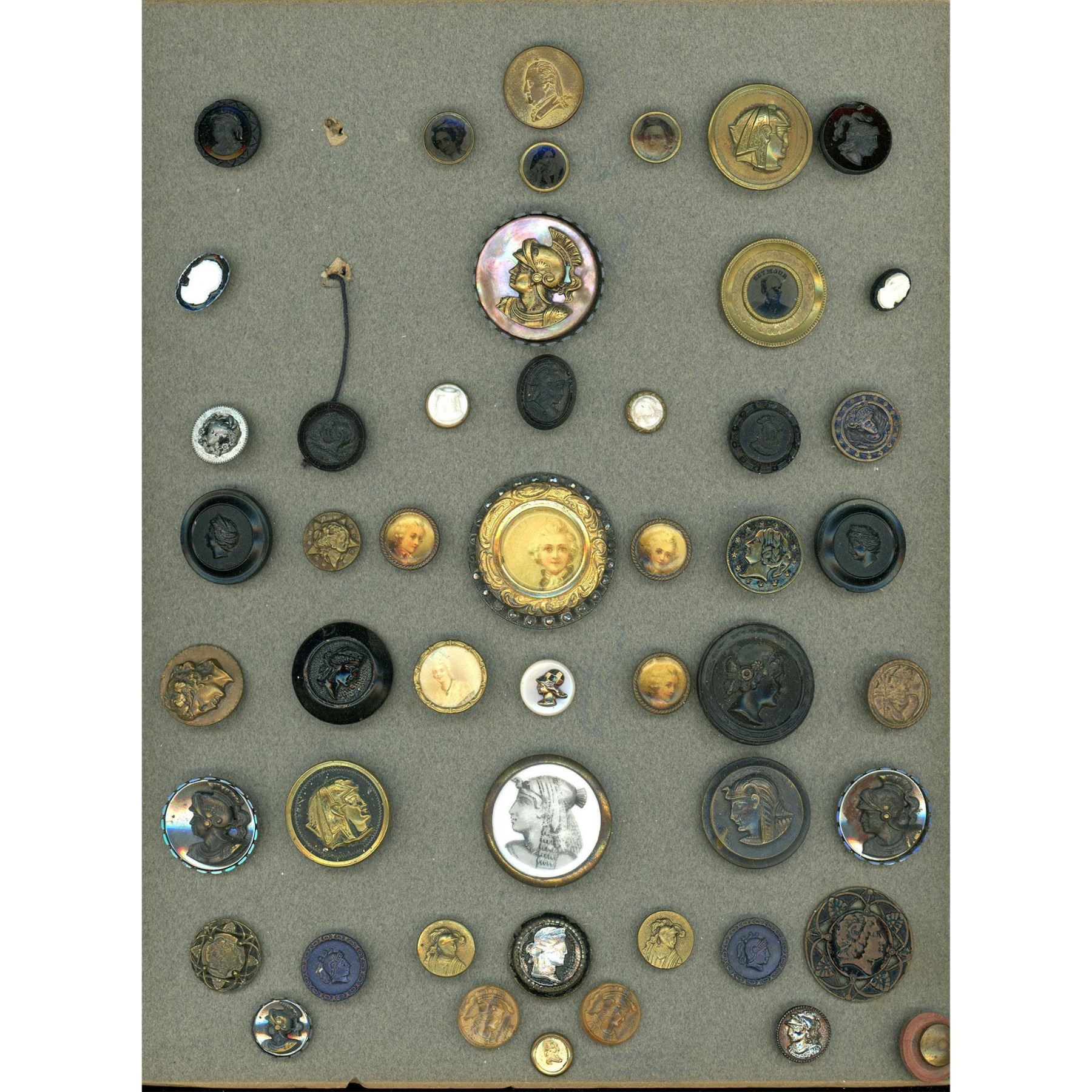 A card of assorted material head buttons