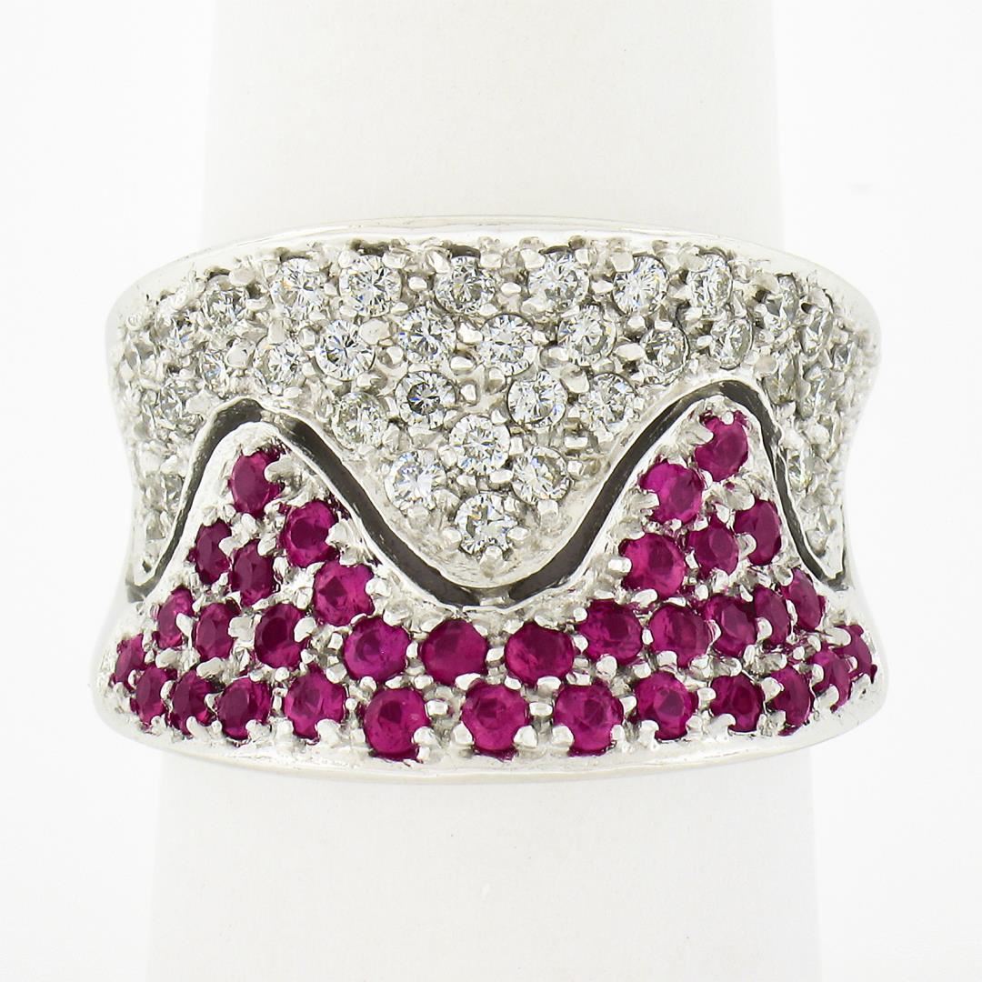 Italian 14k White Gold Pink Sapphire & Diamond Wavy Design Wide Cigar ...