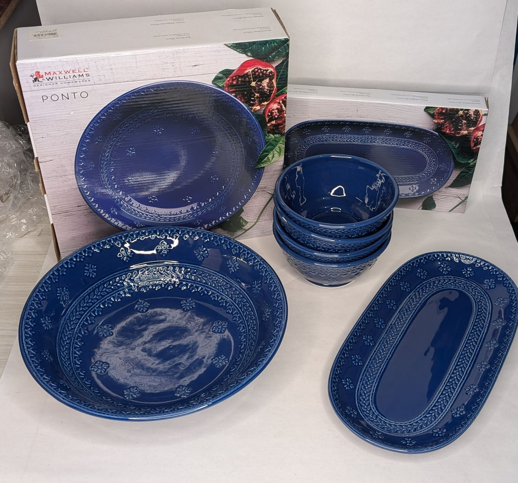 Maxwell Williams Ponto Blue Ceramic Platter Bowl and 4 Bowls Set NEW