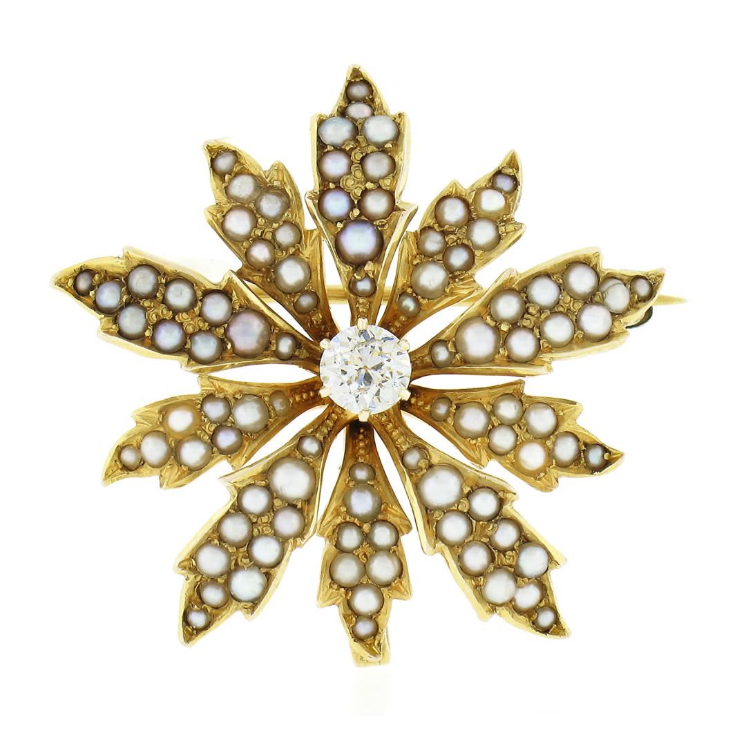 Antique Victorian 14k Gold Diamond & Seed Pearl Flower Burst Pin Brooch ...