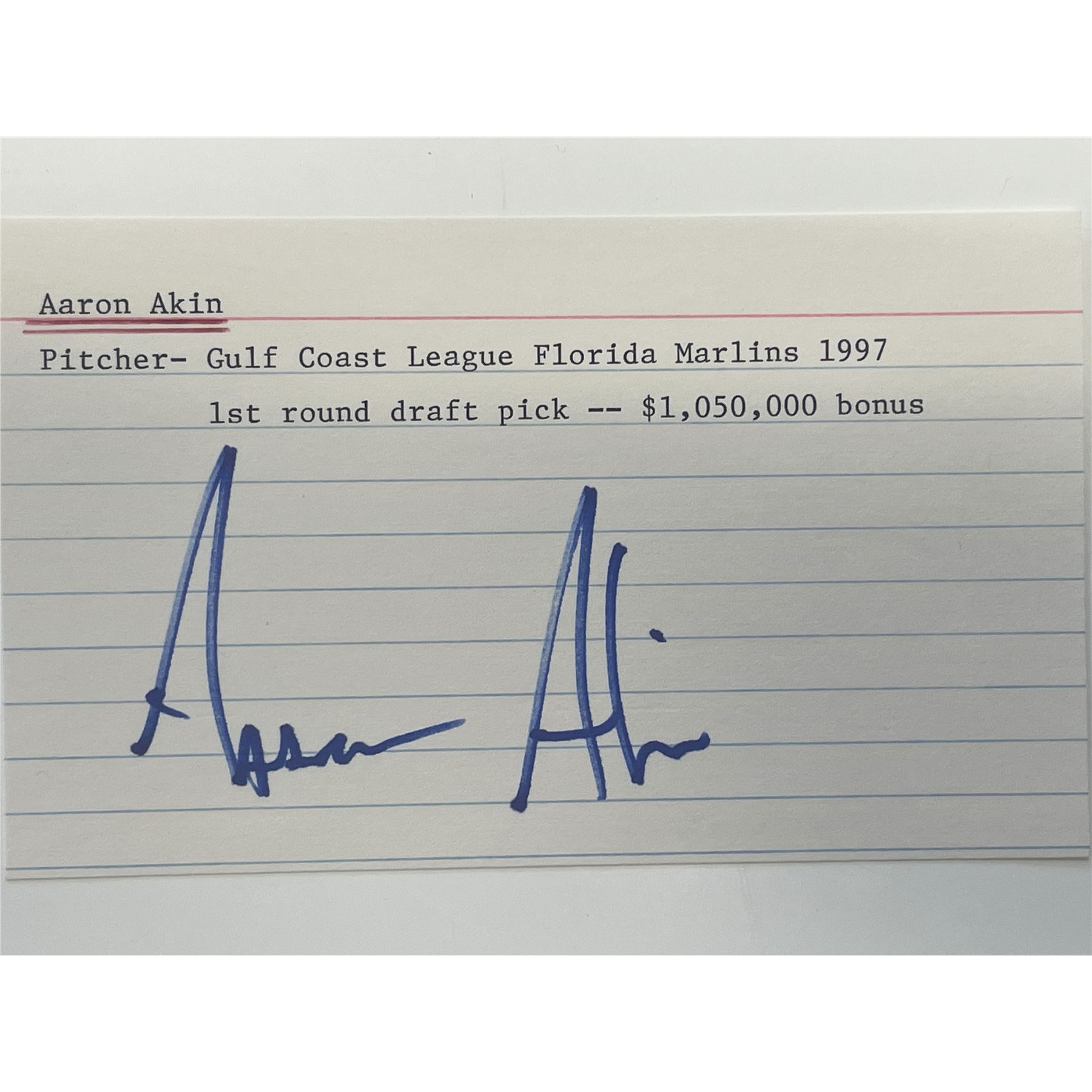 Florida Marlins Aaron Akin autograph note