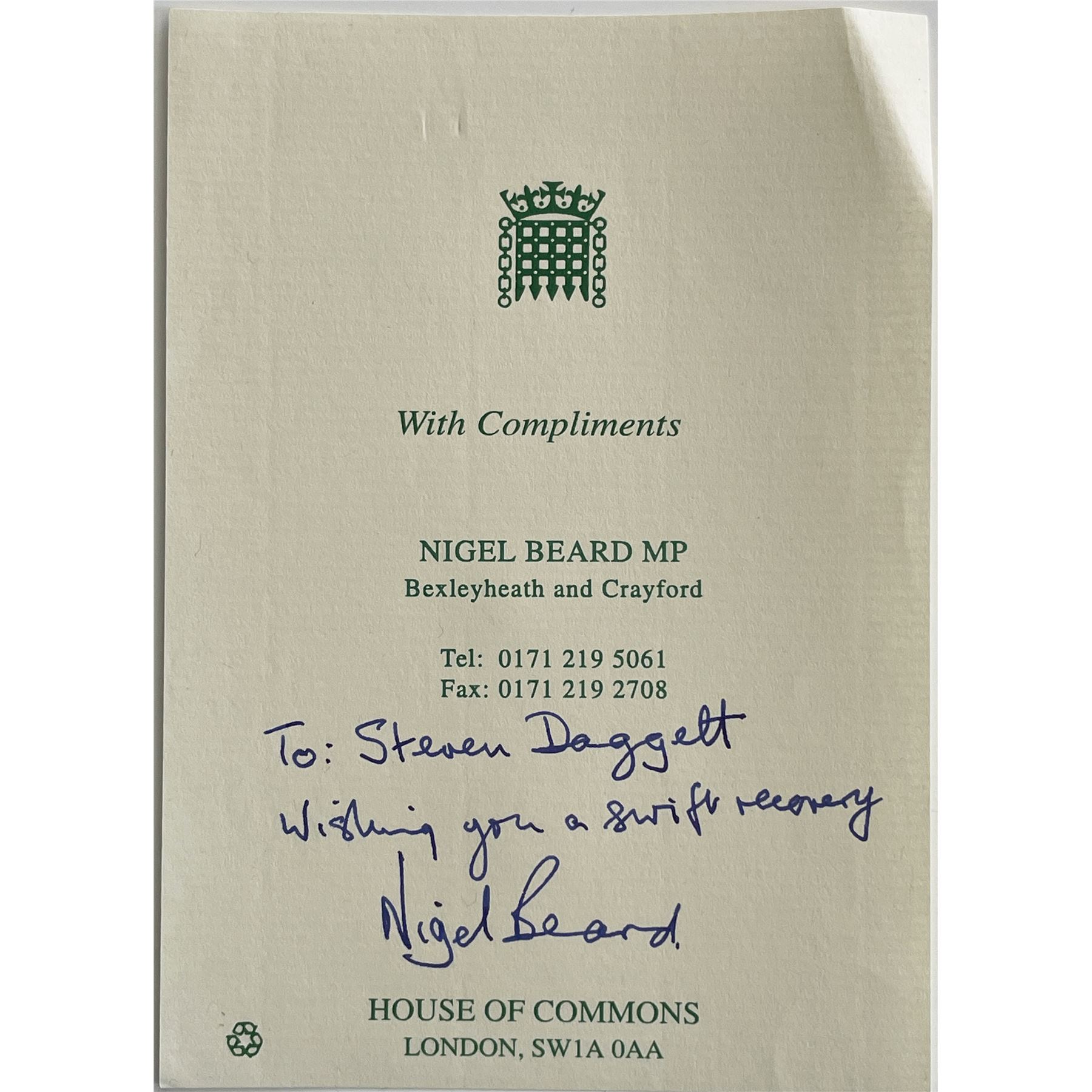 Member of Parliament Nigel Beard signed note