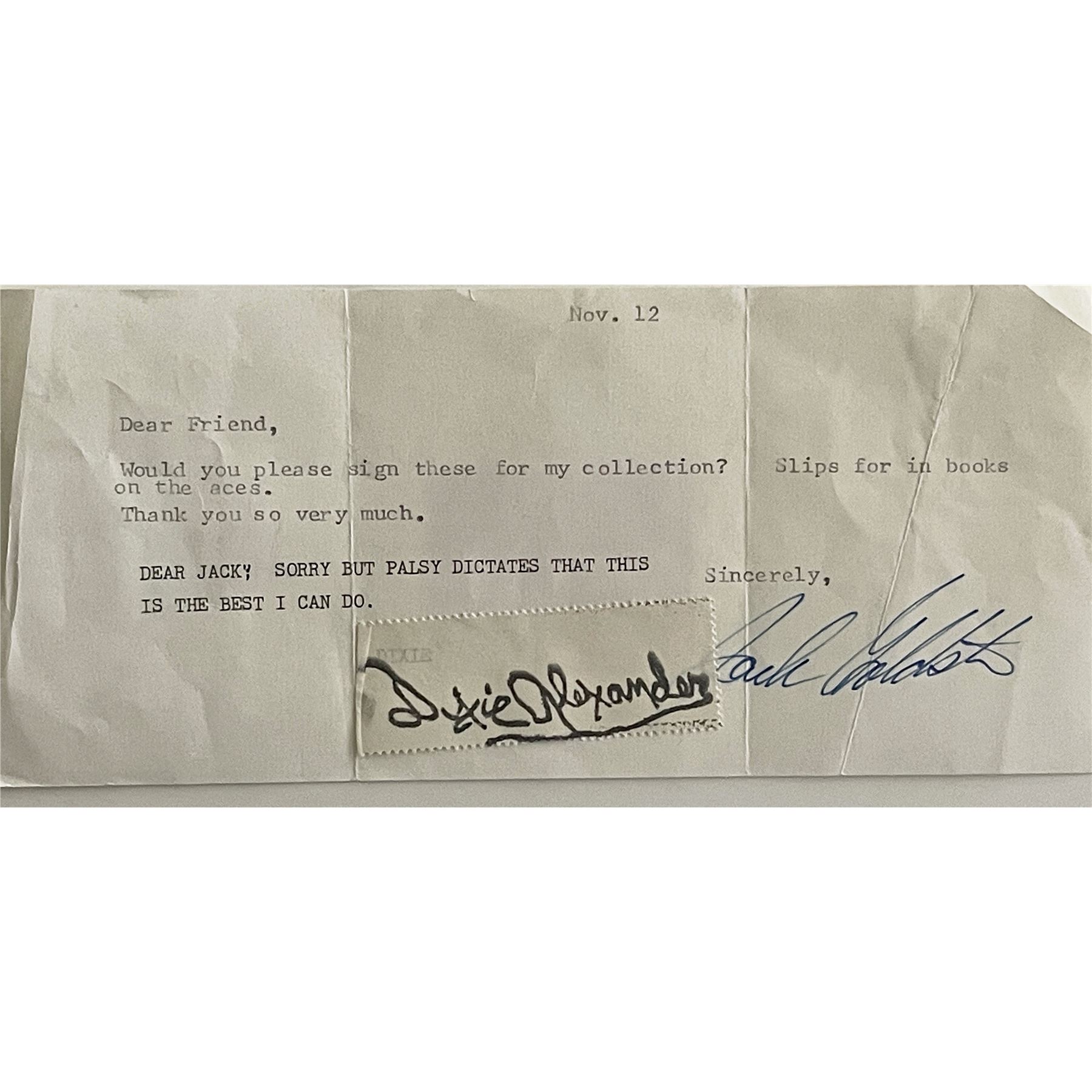 Dixie Alexander signed note
