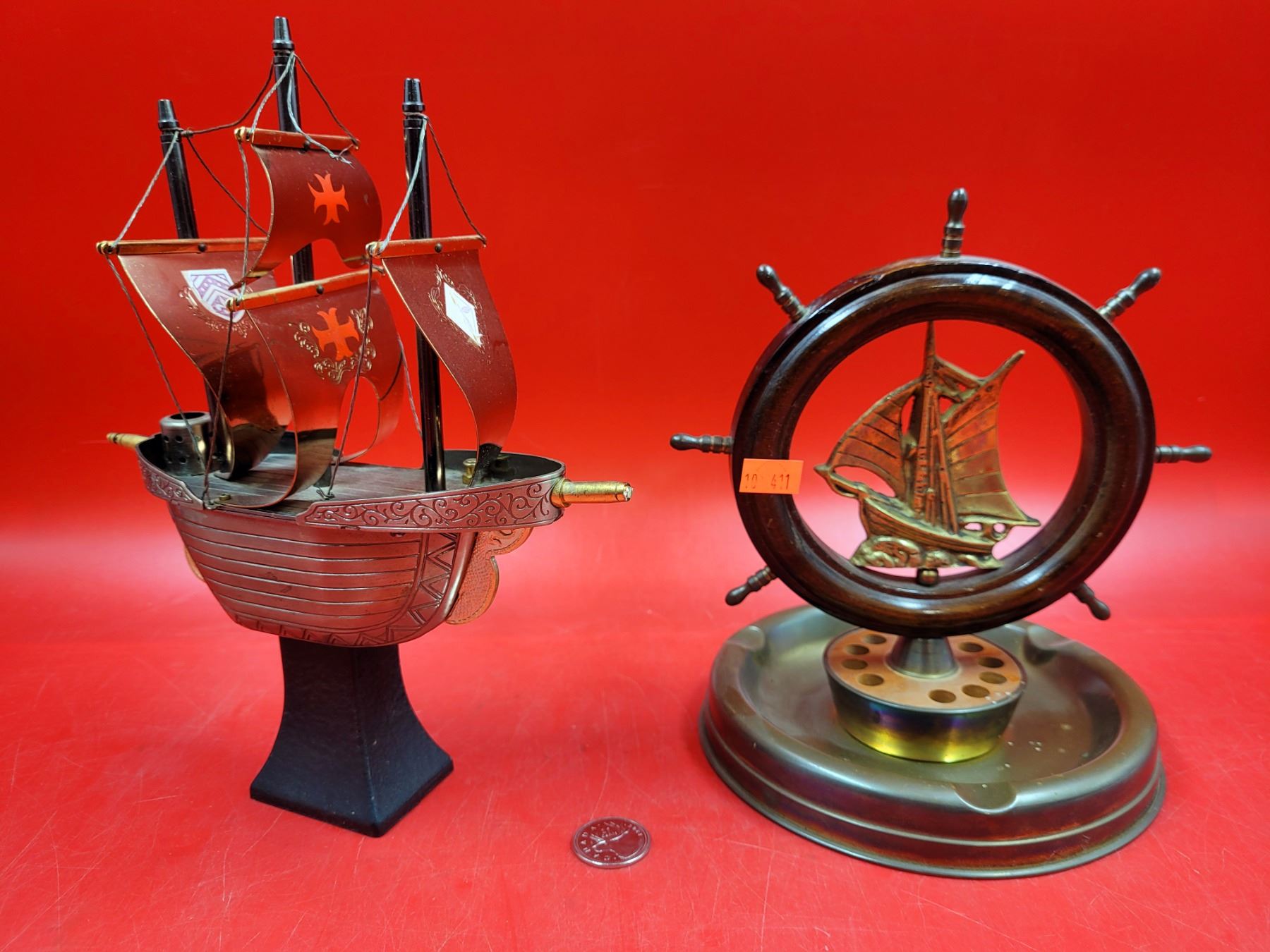 VTG Metal Pirate Ship Lighter & Ship Wheel Ashtray