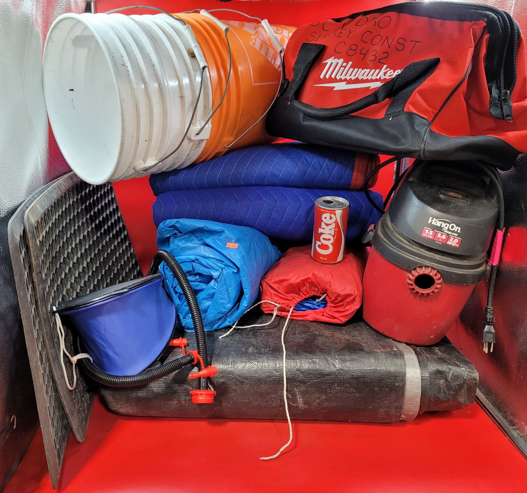Milwaukee Tool Bag, Buckets, Blankets, Tarp, Mats, Air Pump & Tool Lot