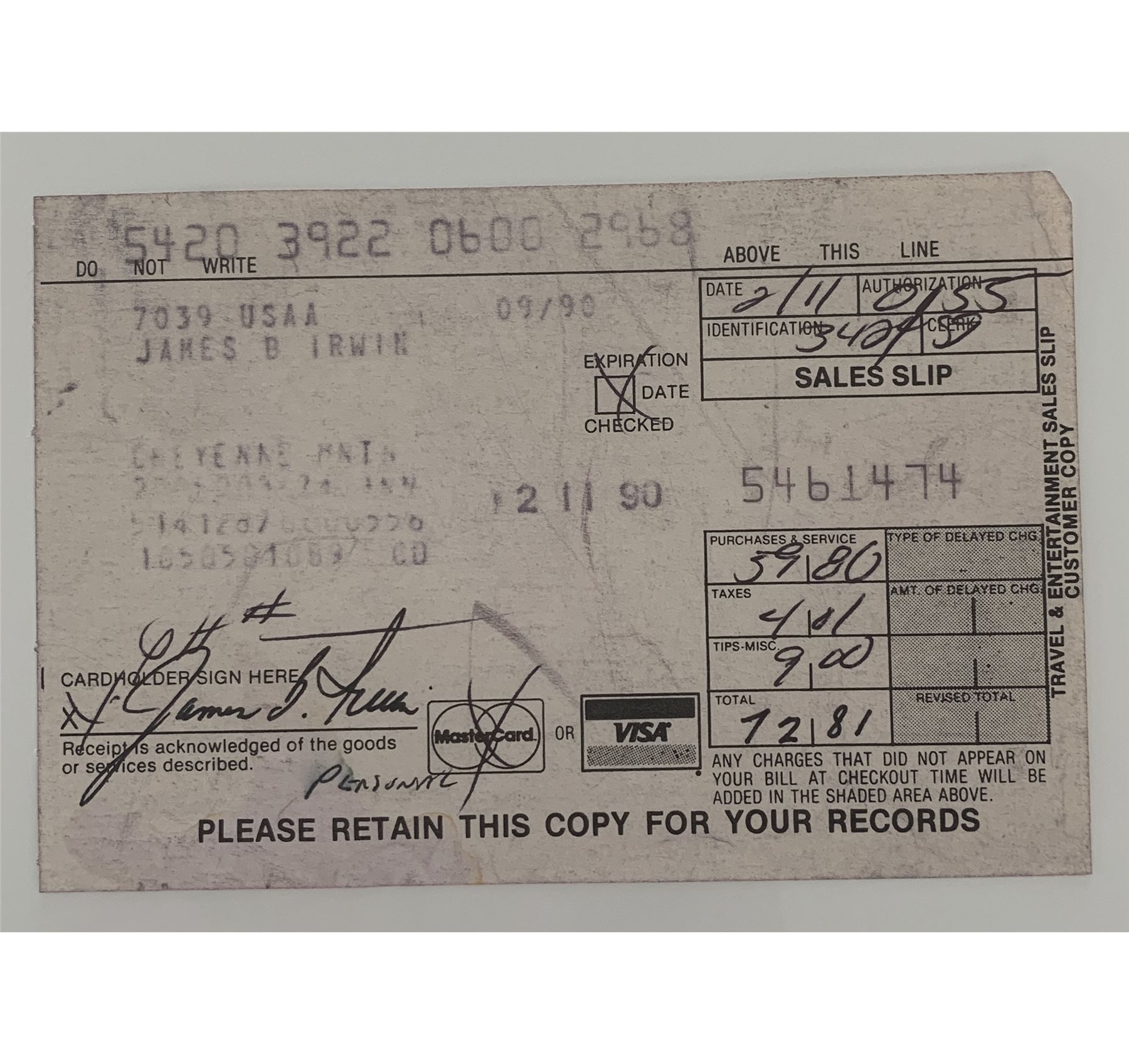 Astronaut James Irwin signed receipt