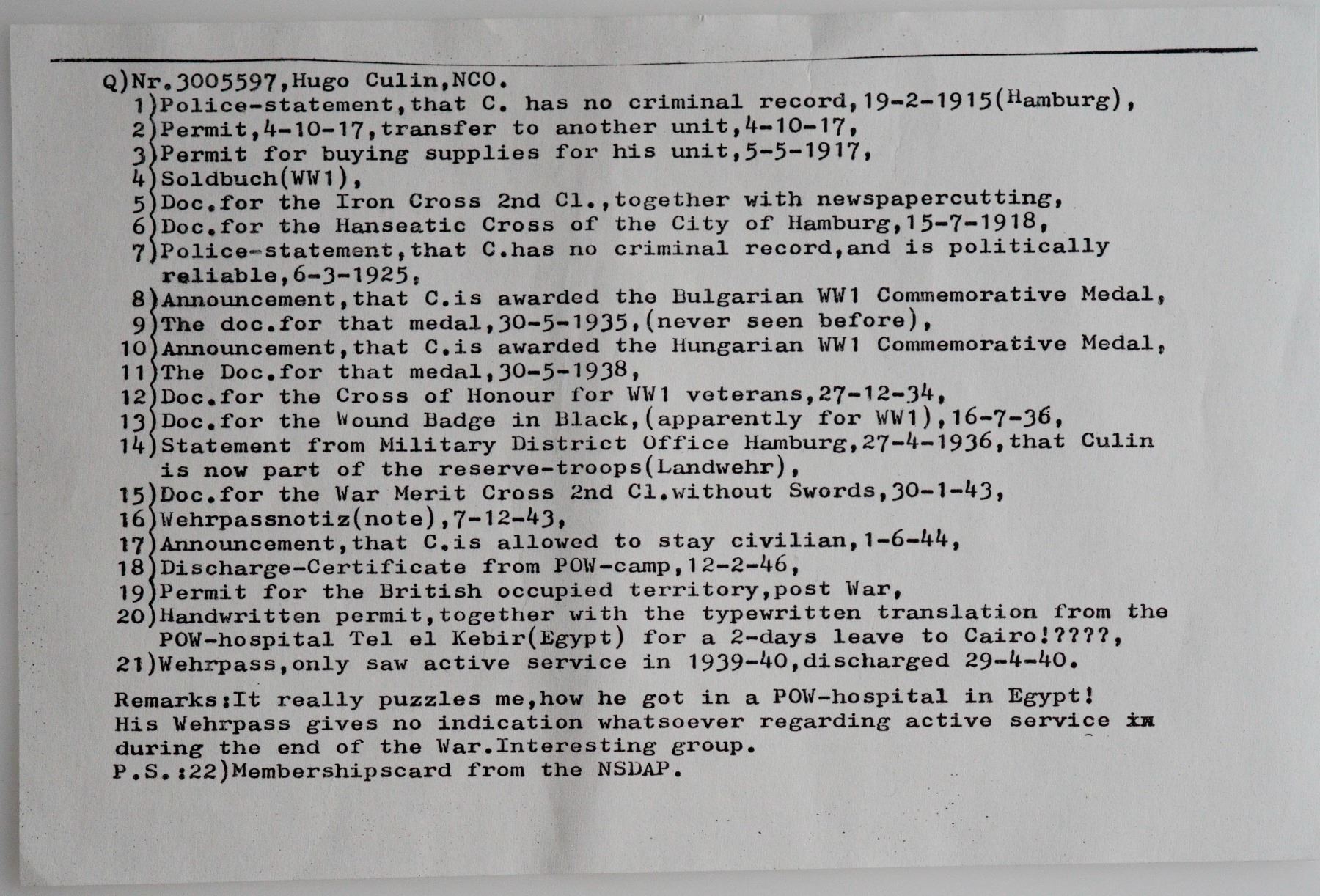 Militaria Ephemera; Personal Militaria/Service related documents to ...