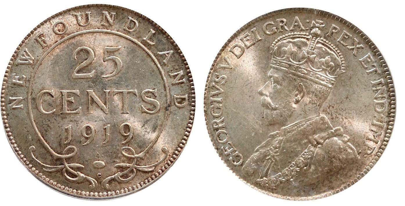 Nfld 1919c 25¢ PCGS Choice Mint State-64. An appealing fully lustrous example with light hazel high