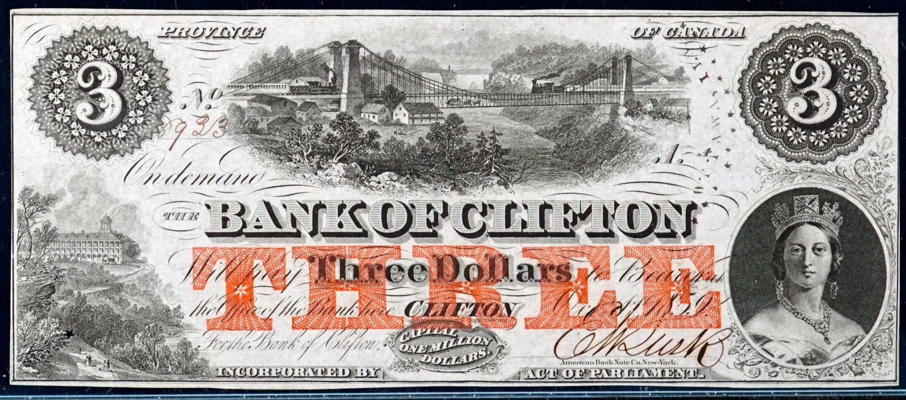 The Bank of Clifton; 1859 $3 #8933 CH-125-10-04-04a, Legacy Choice Uncirculated-63PPQ.