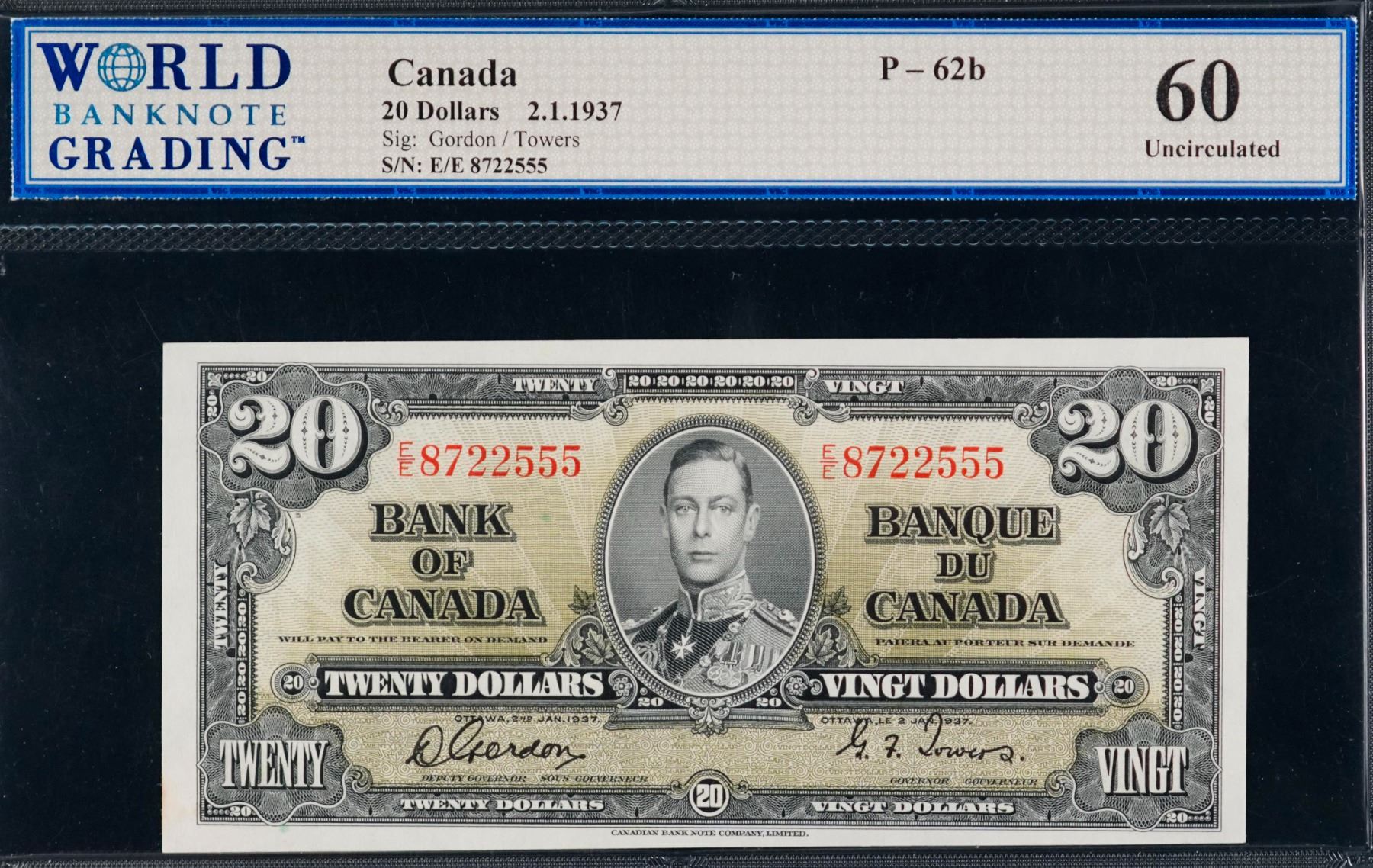 1937 $20 BC-25b #EE8722555, World Banknote Grading Uncirculated-60.