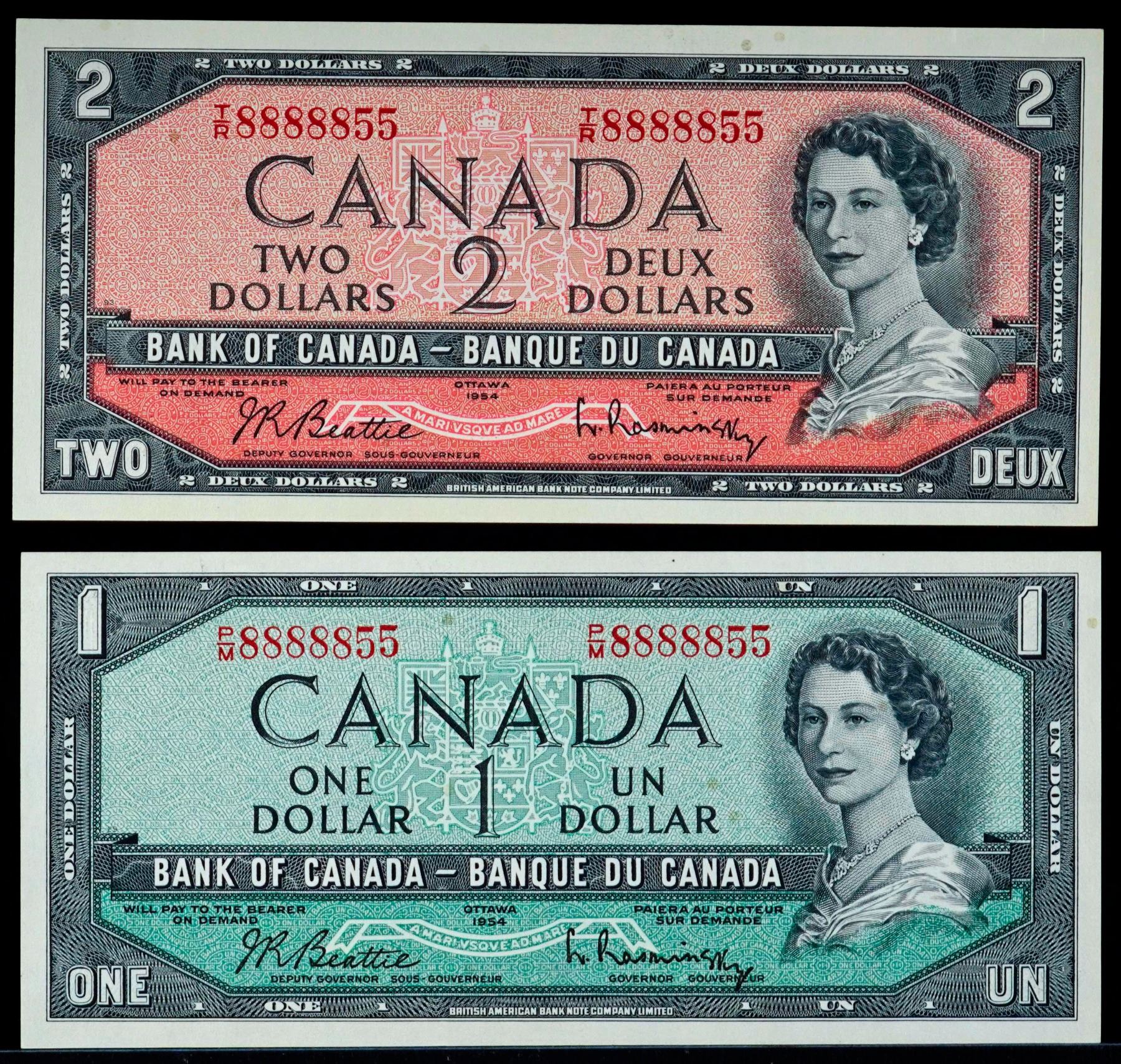 Fancy Serial Numbers; 1954 $1 BC37b-i & $2 BC-38b both with same serial ...