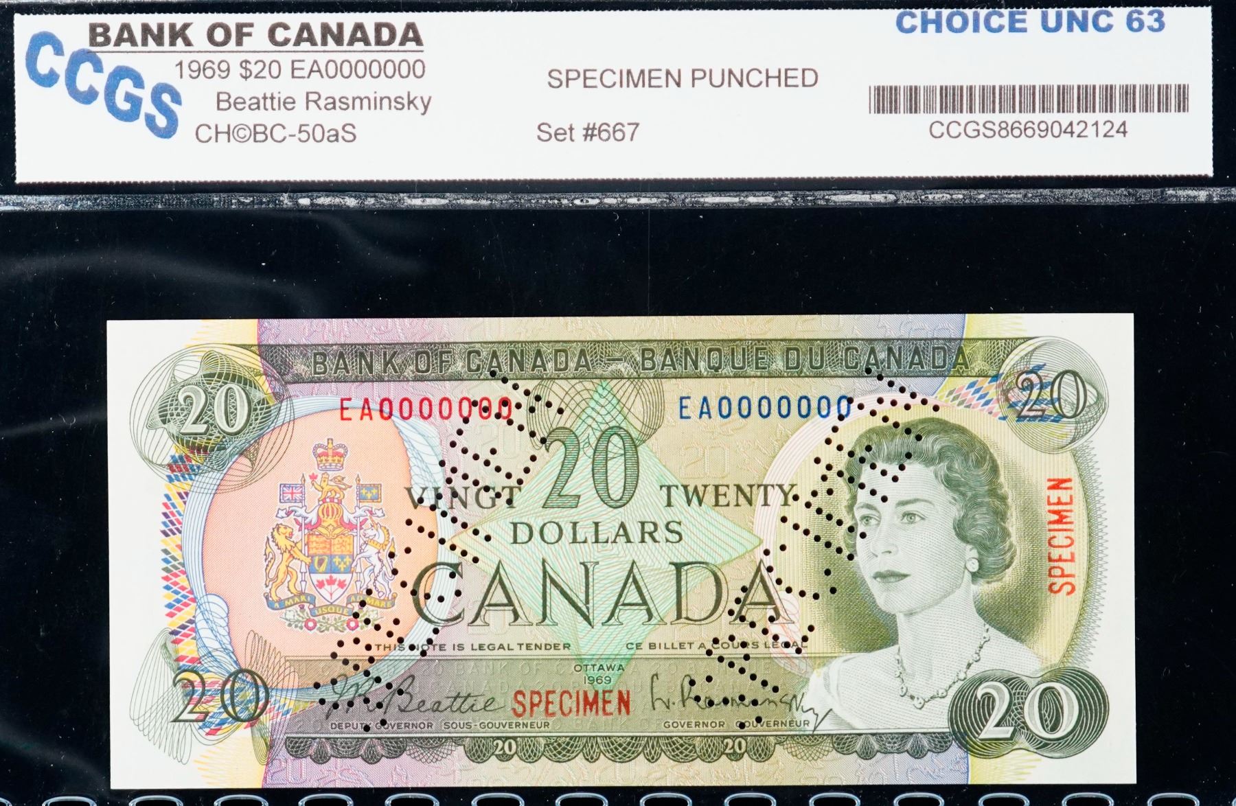 Specimen Notes; 1969 $20 BC-50aS #EA0000000, CCGS Choice Uncirculated ...