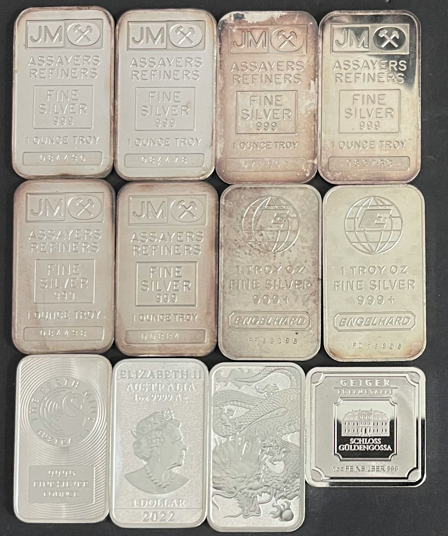 Bullion; Silver Ingot 1oz lot includes JM Ingots(6), Engelhard(2 ...