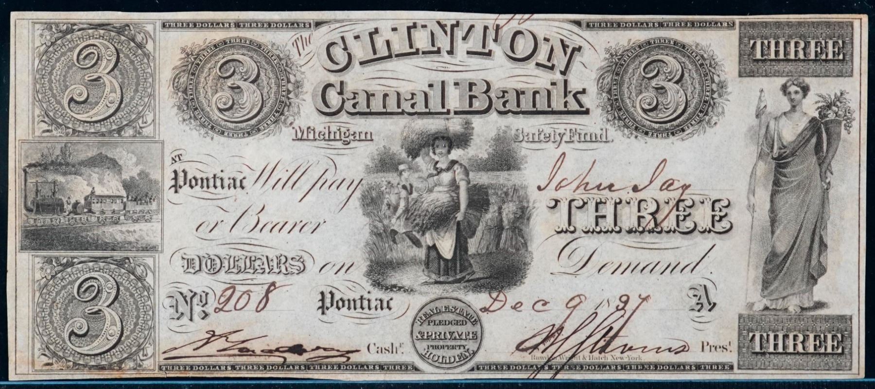 USA Oboslotete Banknote; Clinton Canal Bank (Pontiac) 1897 $3, UNC example.