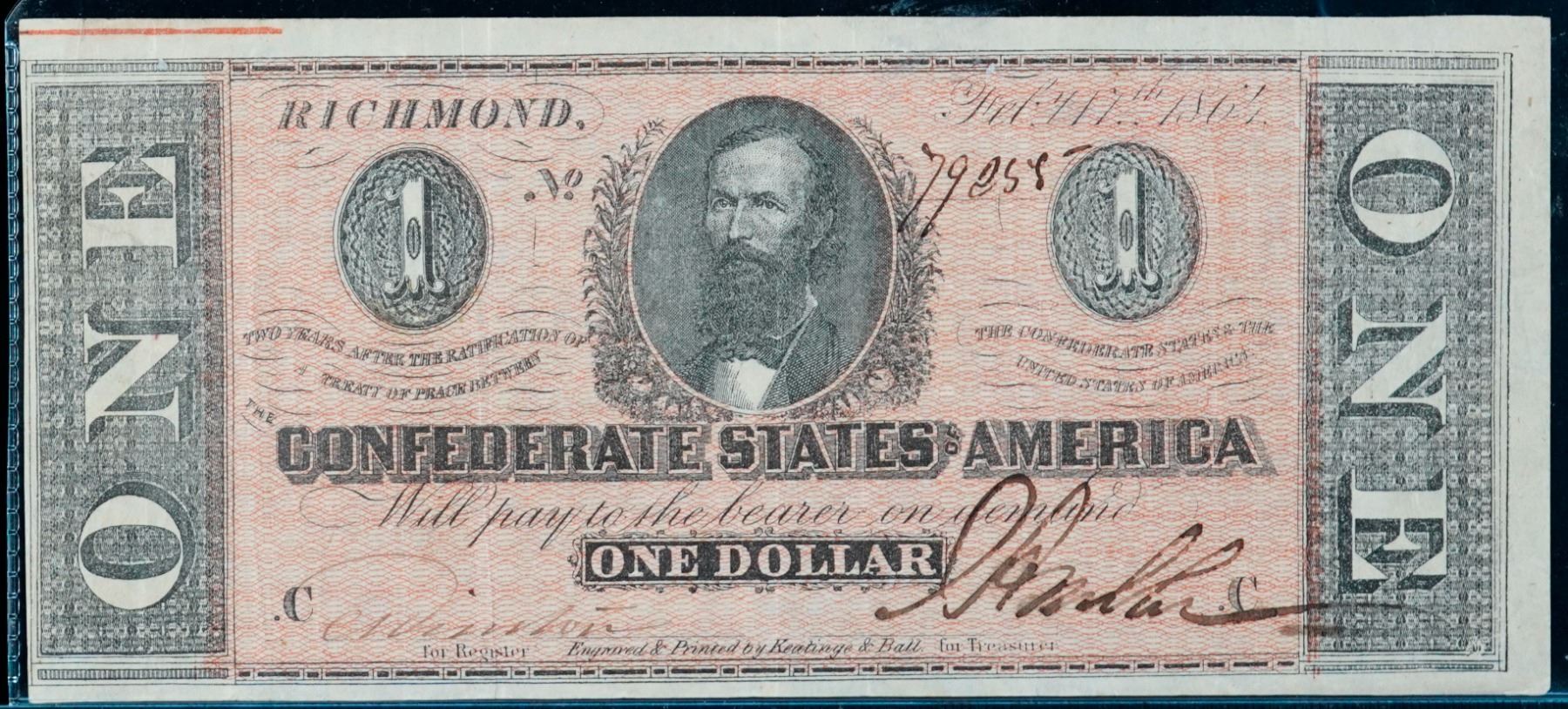 USA Confederate States of America Banknote; 1864 $1 Richmond. VF+ example.