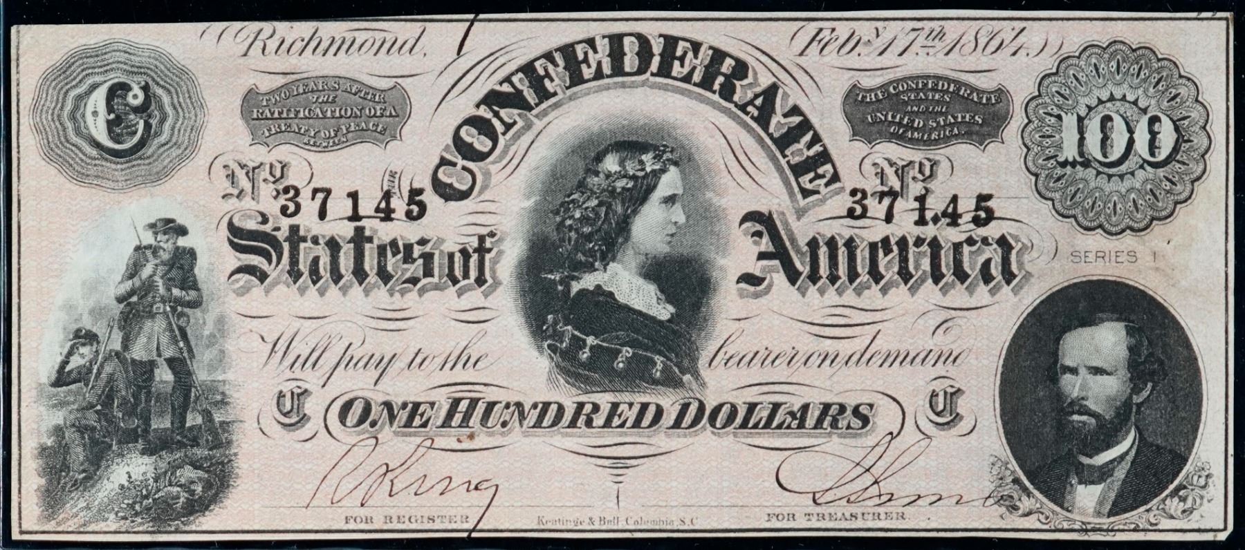 USA Confederate States of America Banknote; 1864 $100 Richmond. EF+ ...