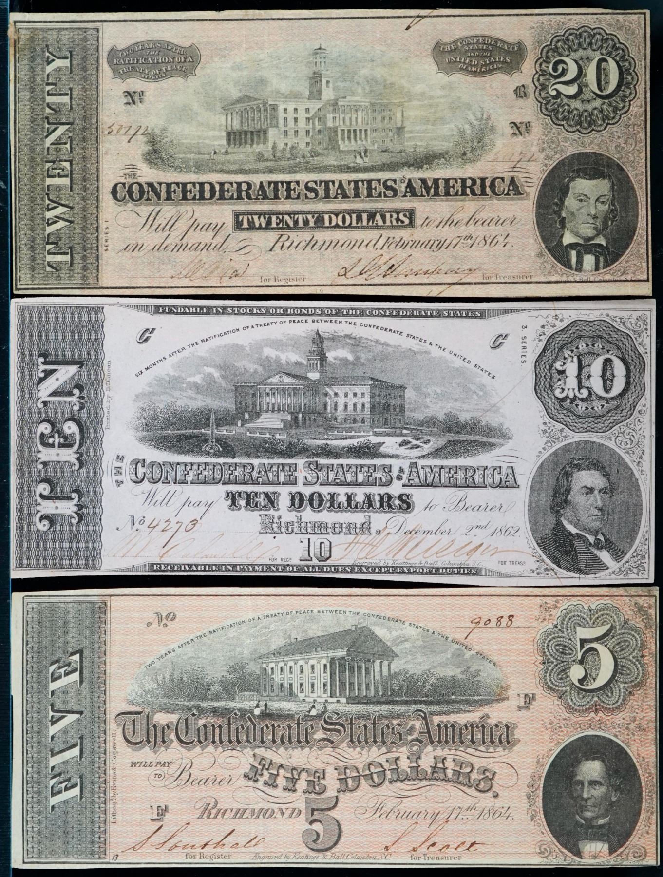 USA Confederate Notes; Lot includes 5 notes $5, $10, $20, $50 & 100 ...