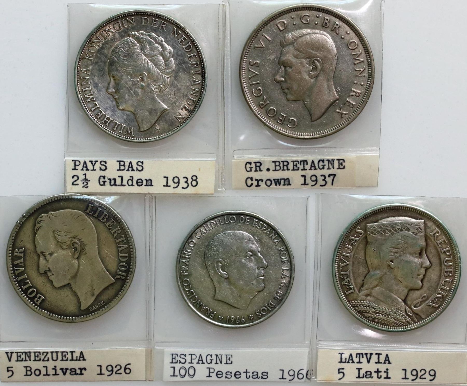 World Silver Coinage; Latvia 1929 5 Lati, Spain 1966 100 Pesetas, Great ...