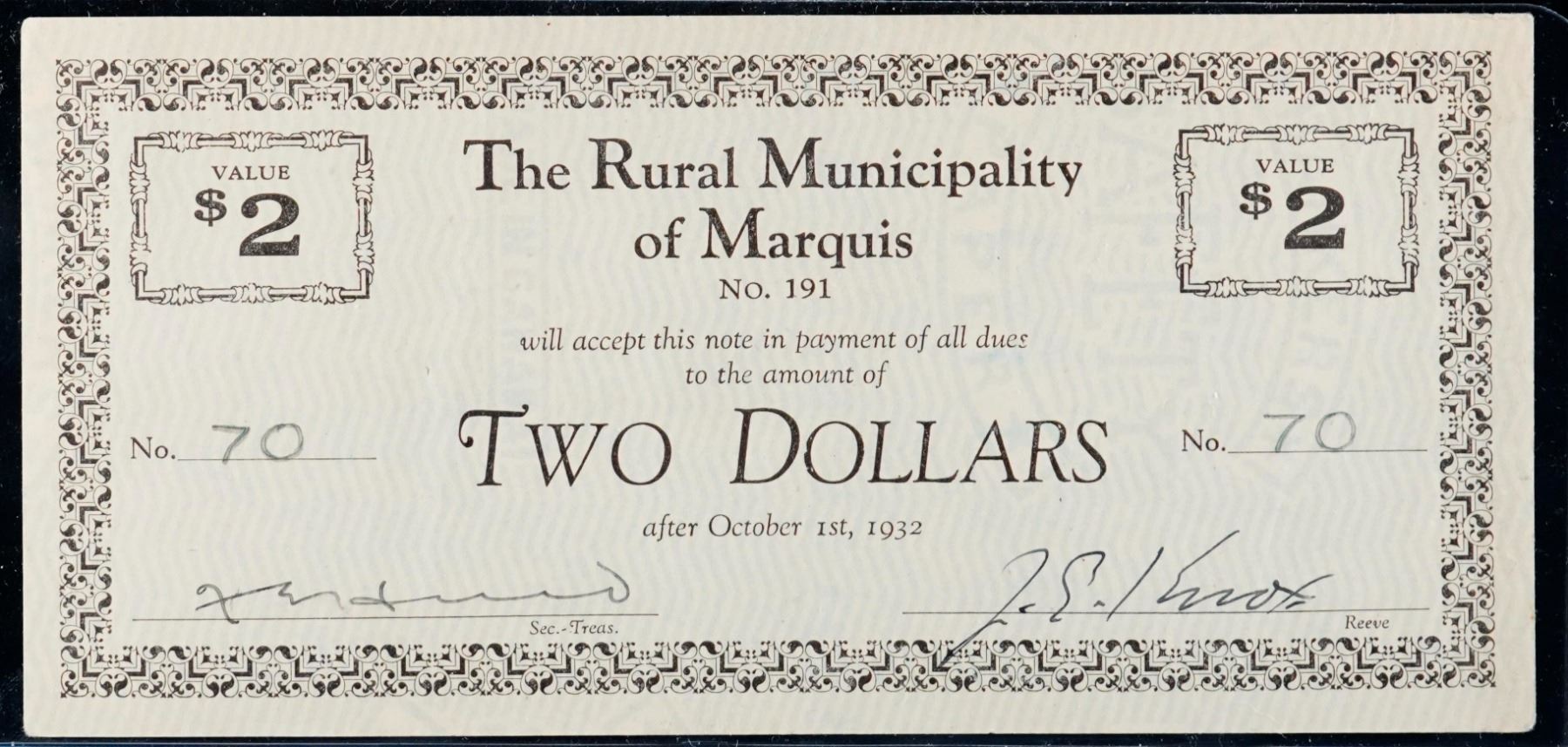 The Rural Municipality of Marquis #191; Two Dollar, DE-100-2, Number ...
