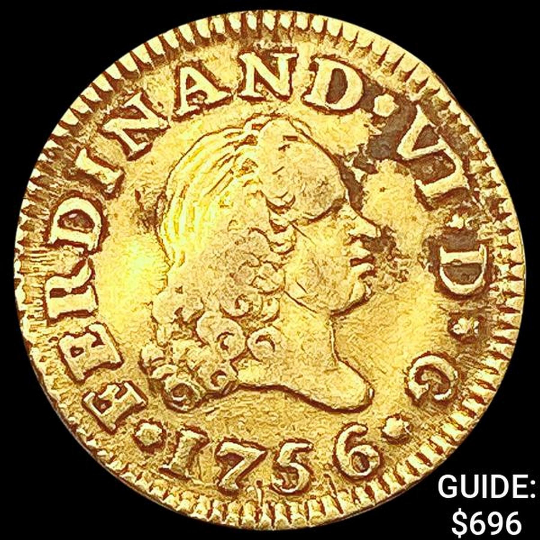 1756-M Spain Ferdinand VI .049oz Gold 1/2 Escudo NEARLY UNCIRCULATED