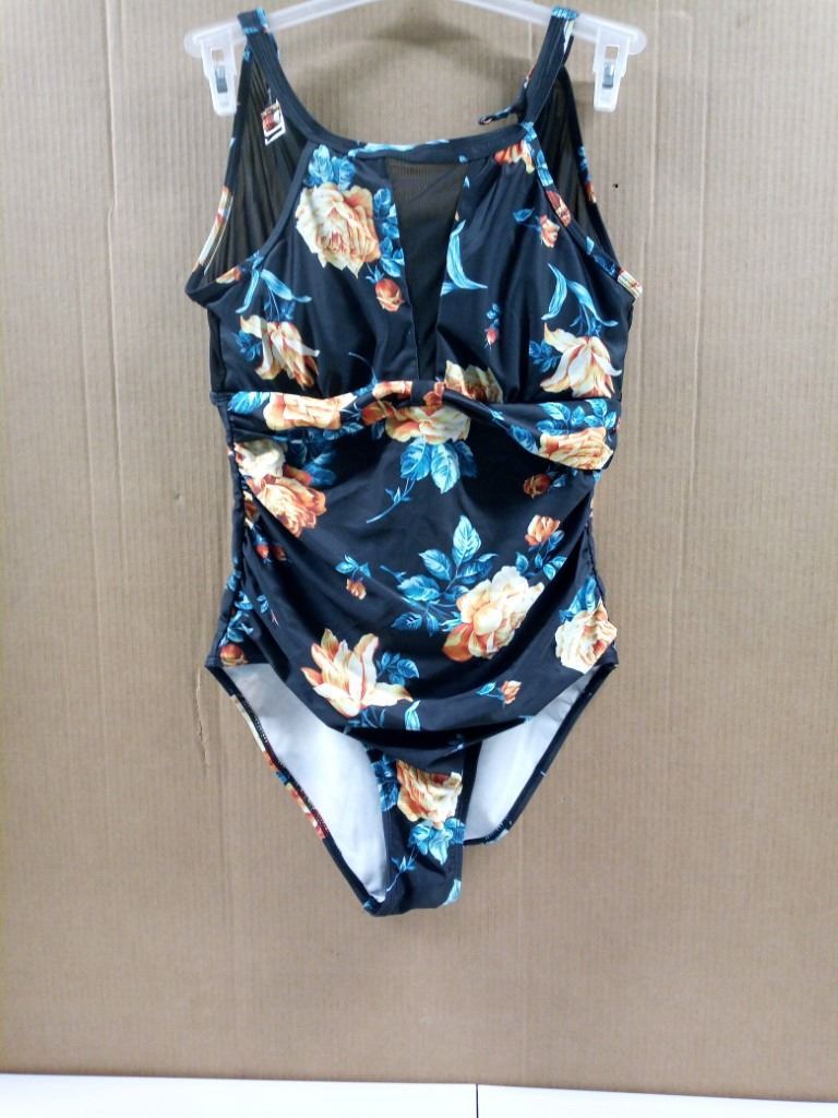Women One Piece Keyhole Mesh Bathing Suits Floral Medium