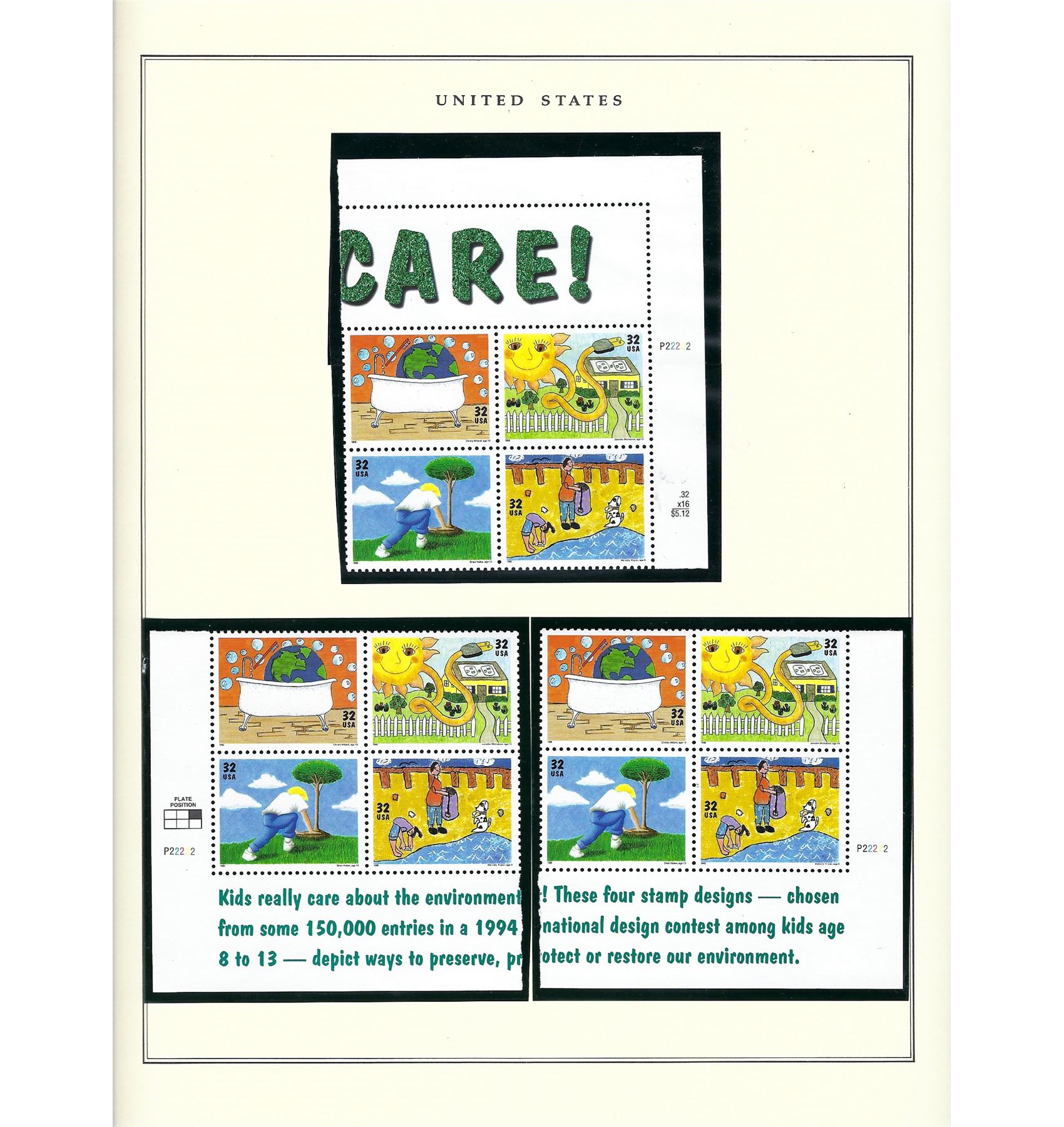 Earth Day stamps 3 plate blocks 12 x 32 cent stamps
